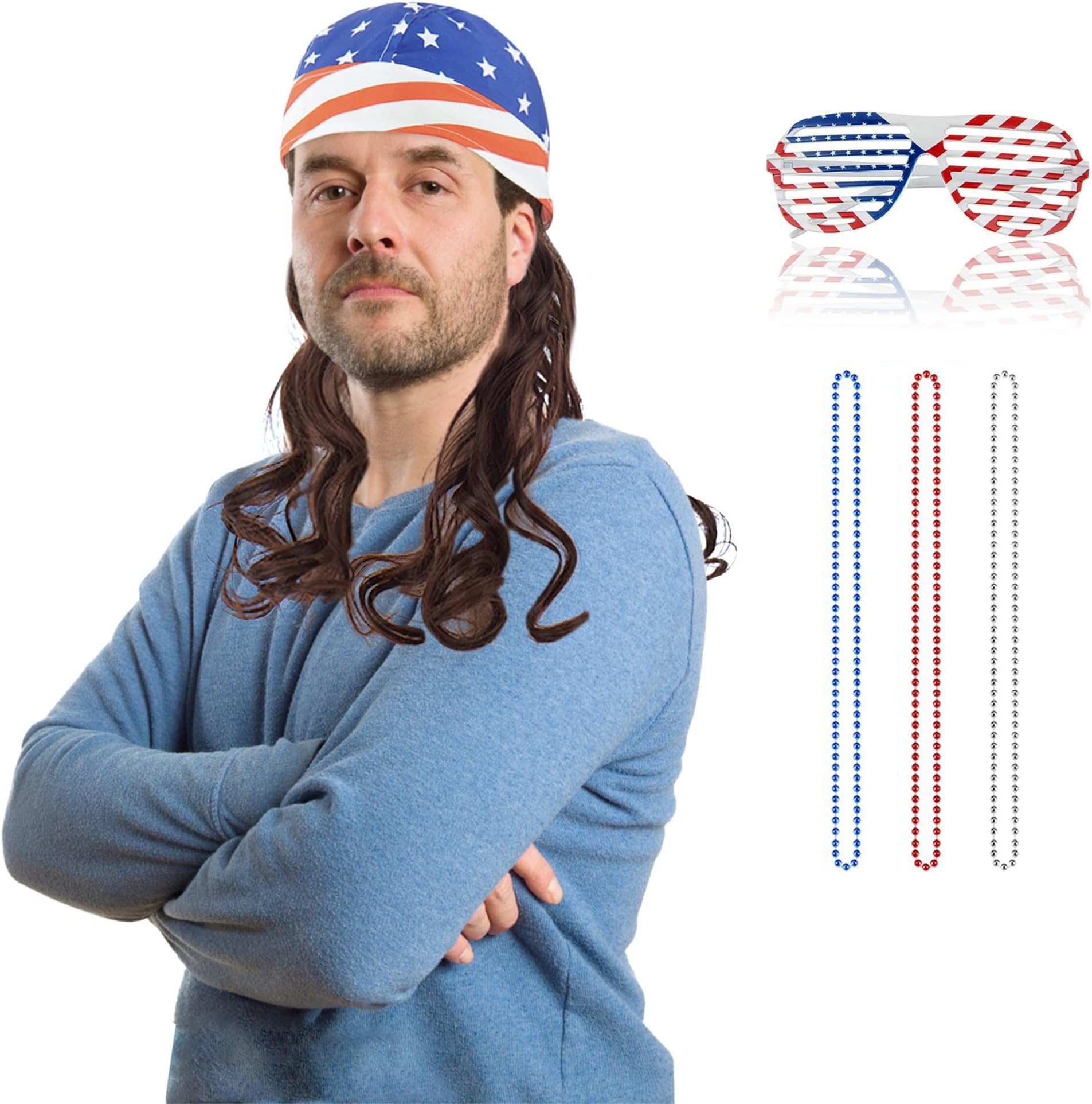 Amazon.com: Cosrea Mullet Wig Skull Cap with Necklace and Glasses for ...