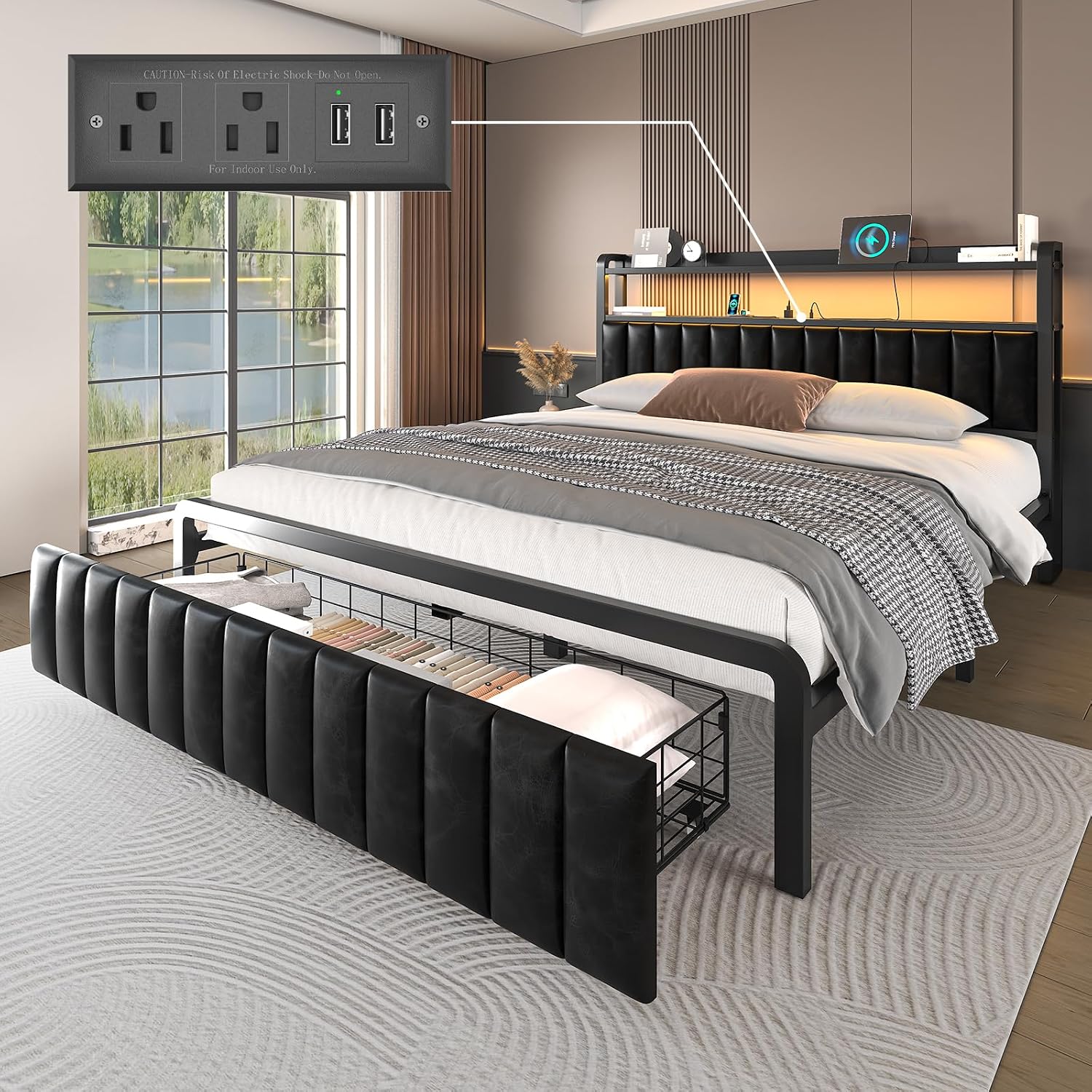 Amazon.com: LoVinson Full Size Bed Frame with 2-Tier Storage Headboard ...
