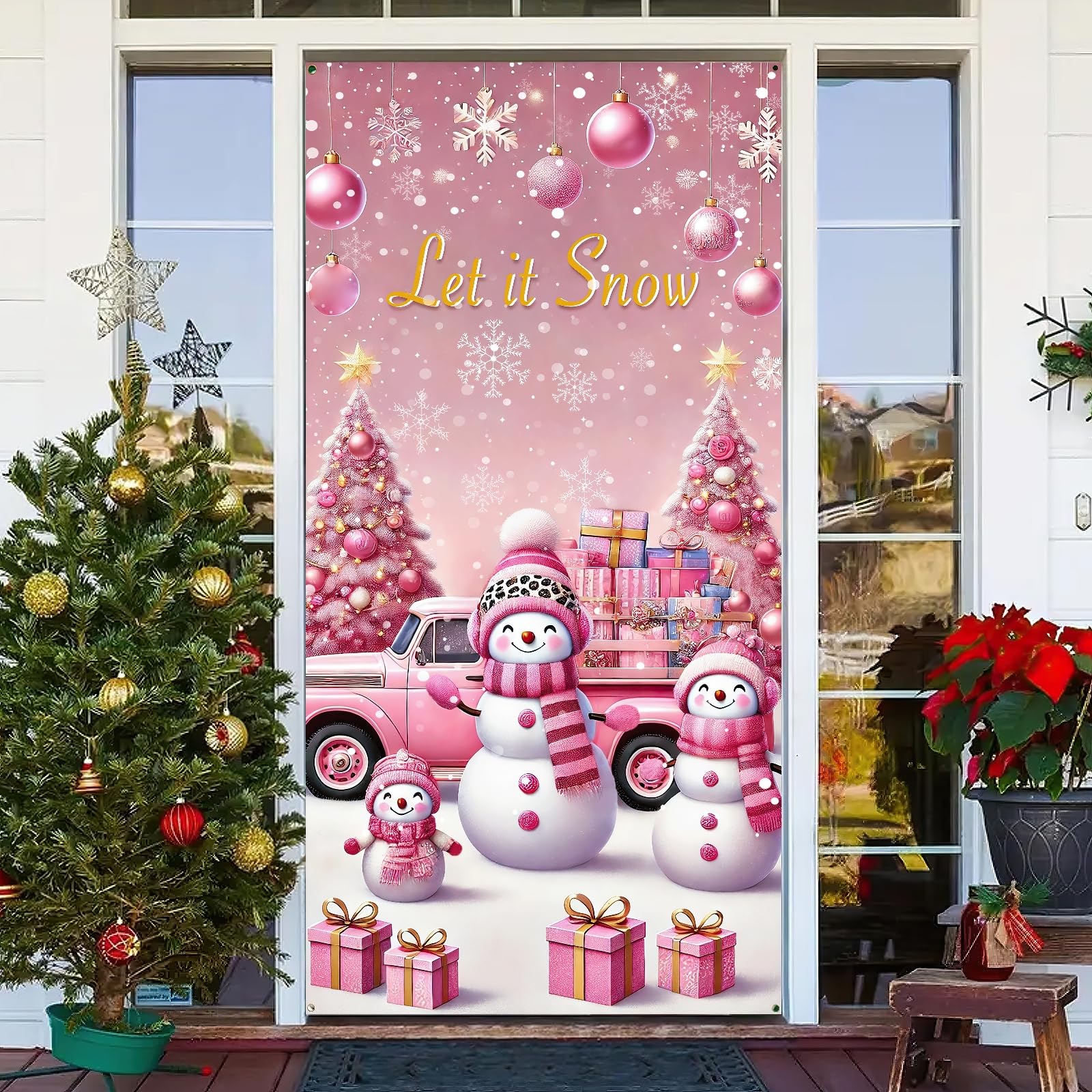 Amazon.com: BlissYard Christmas Door Cover Pink Snowman Christmas ...
