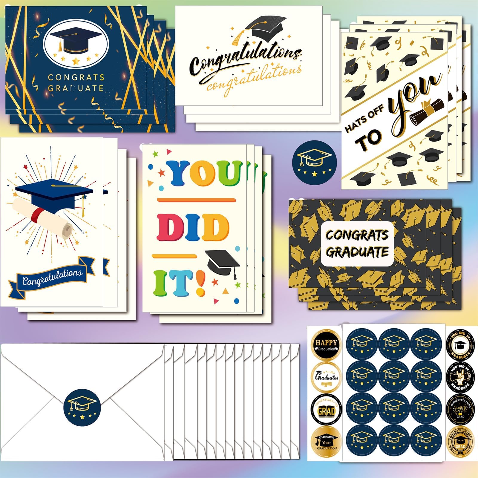 Amazon.com : 24 Pack Graduation Cards Blue White Gold Grad Cards Bulk ...