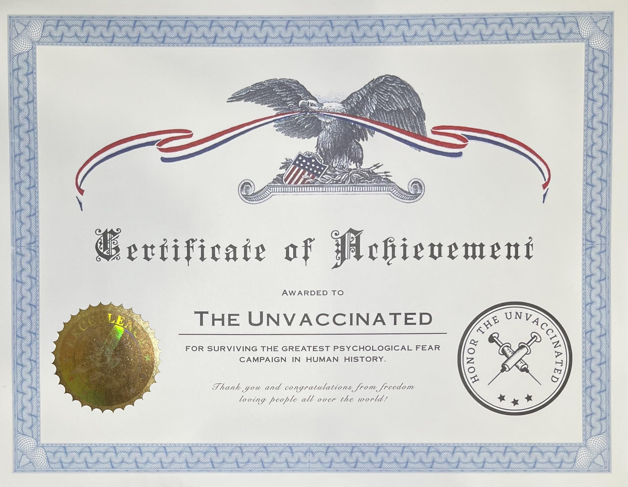 Amazon.com : Unvaccinated Award Certificate with Blacklight Watermark ...