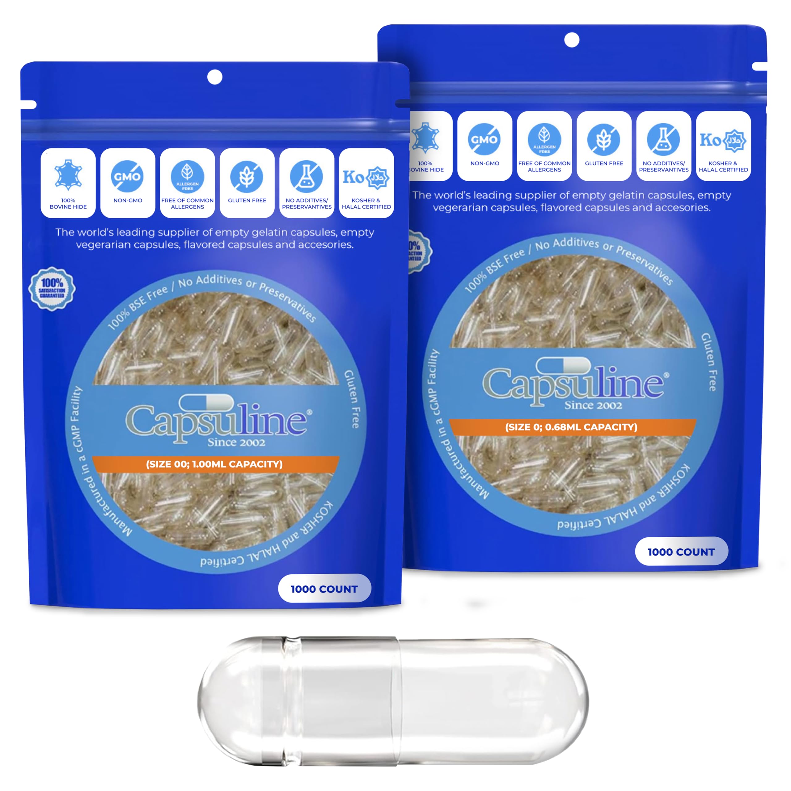 Amazon.com: Capsuline Size 0 and Size 00 Gelatin Empty Capsules, 1000 ...