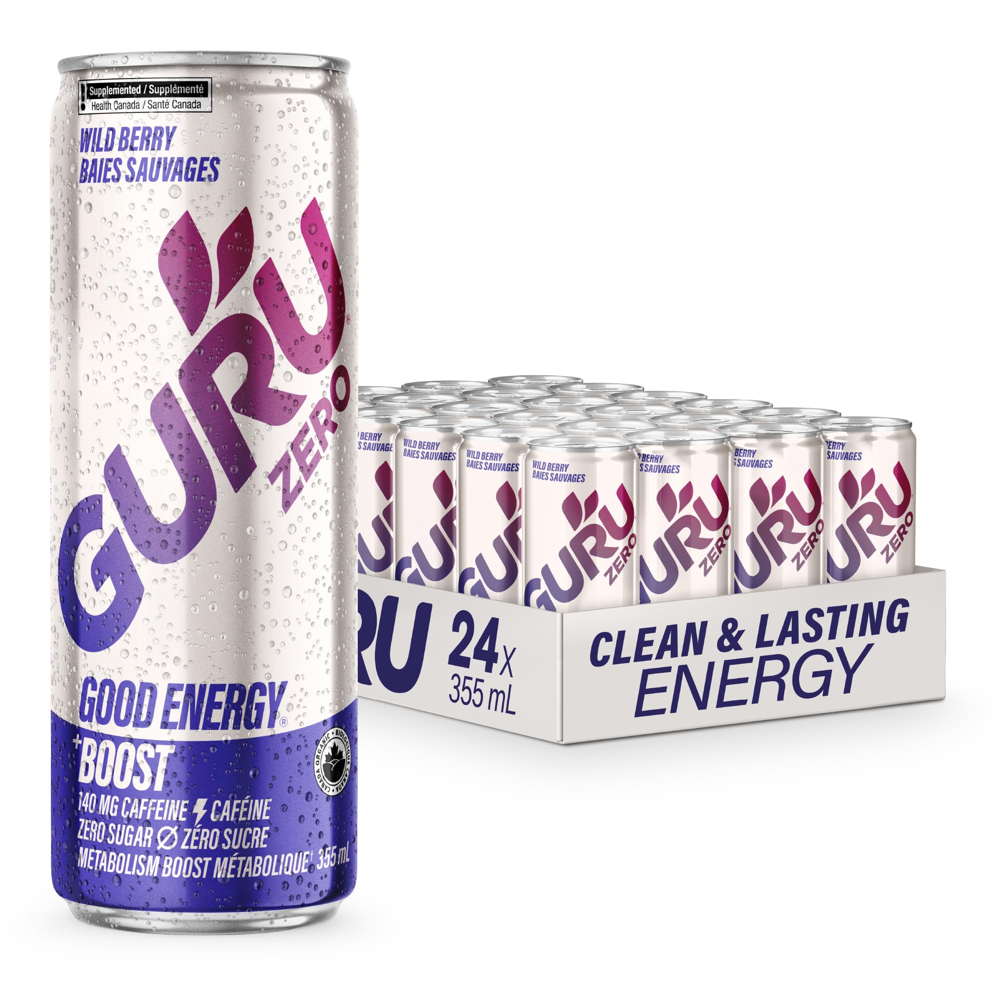 GURU ZERO SUGAR Wild Berry Organic Energy Drink with Plant Based ...
