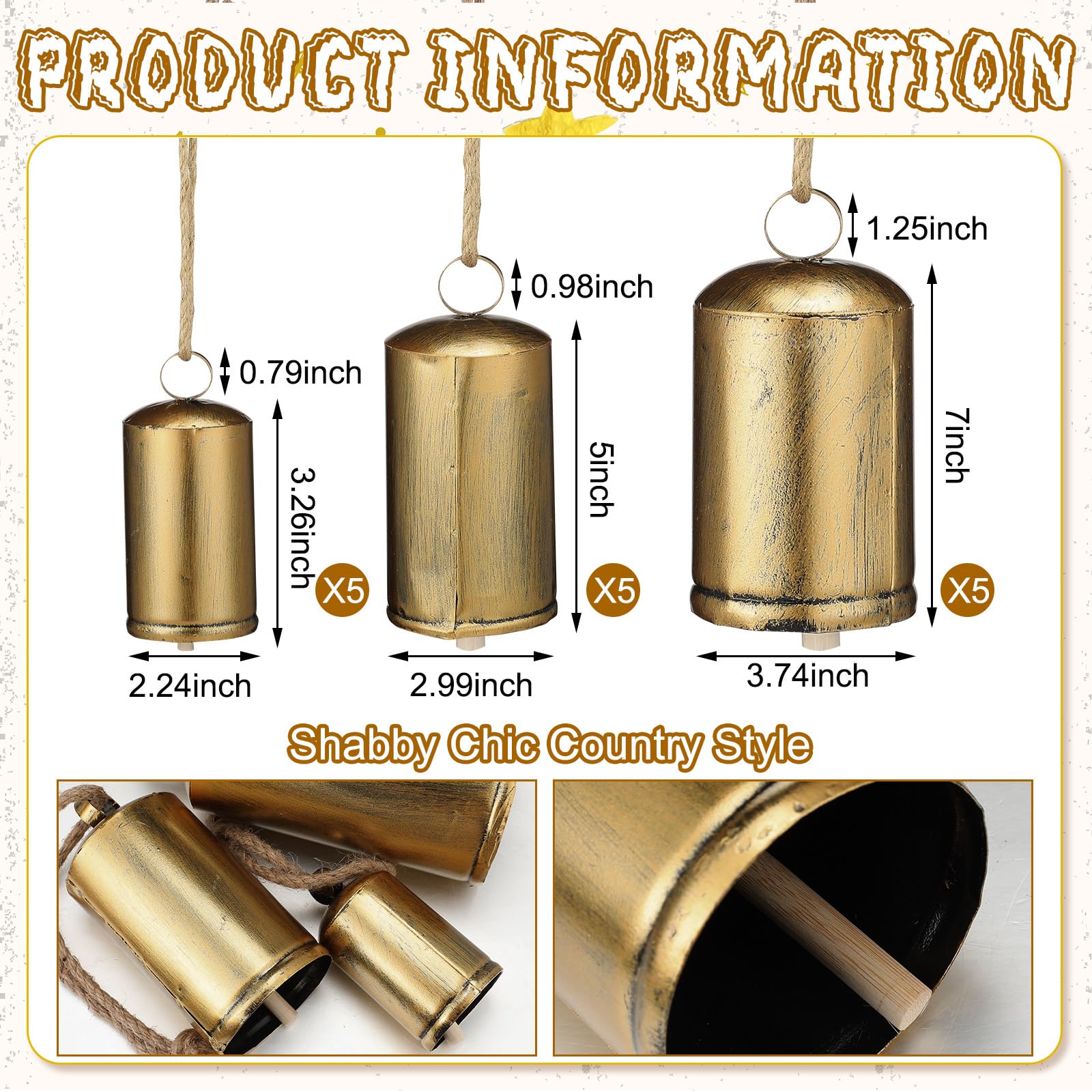 Zonon Set of 15 Harmony Cow Bells Jumbo Rustic Handmade Bells on Jute ...