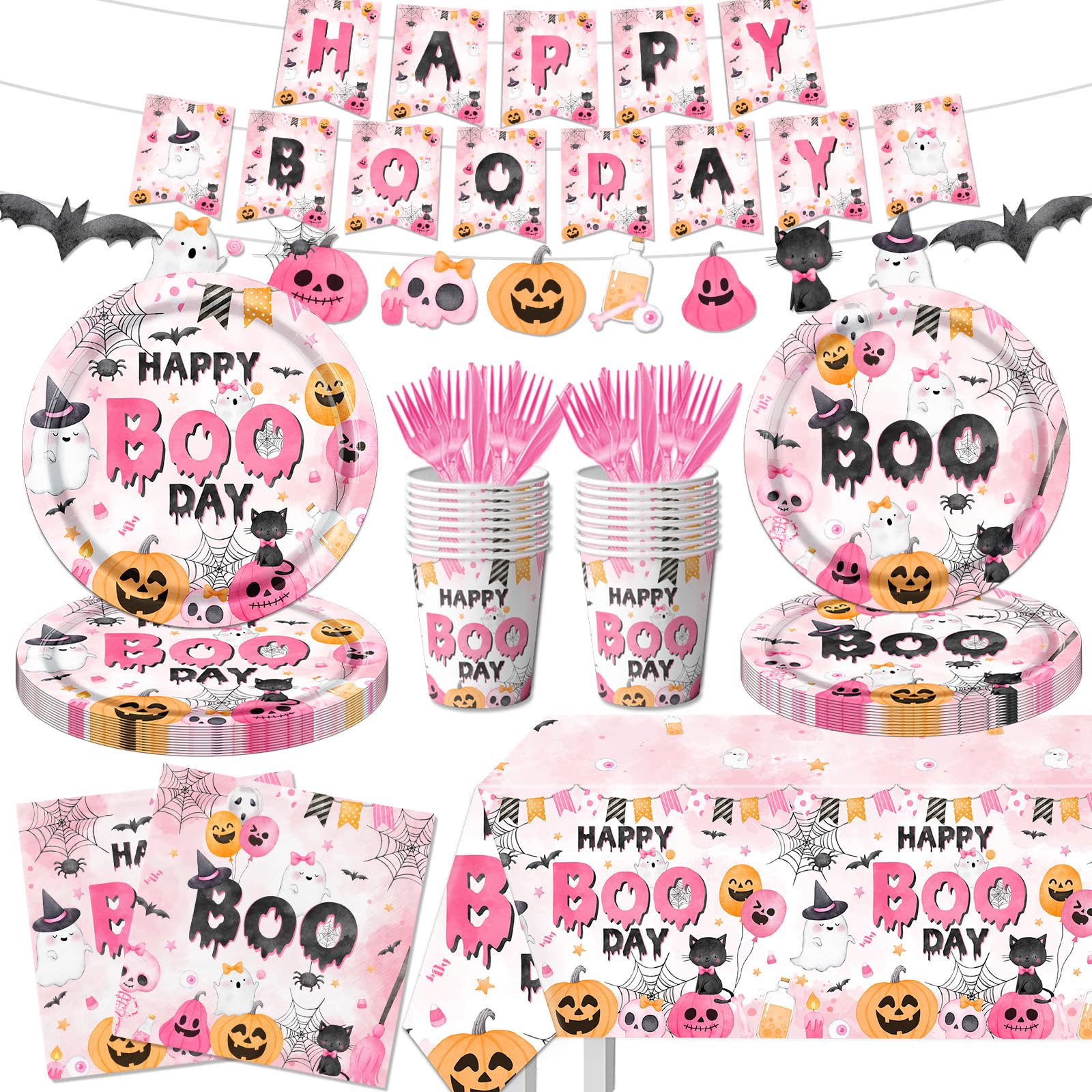 Amazon.com: Halloween Happy Boo Day Party Decorations, 142Pcs Pink ...