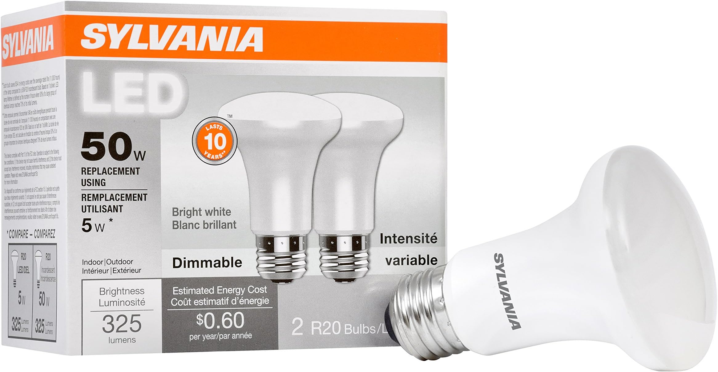 SYLVANIA R20 LED Light Bulb, 50W Equivalent Efficient 5W, 10 Year ...