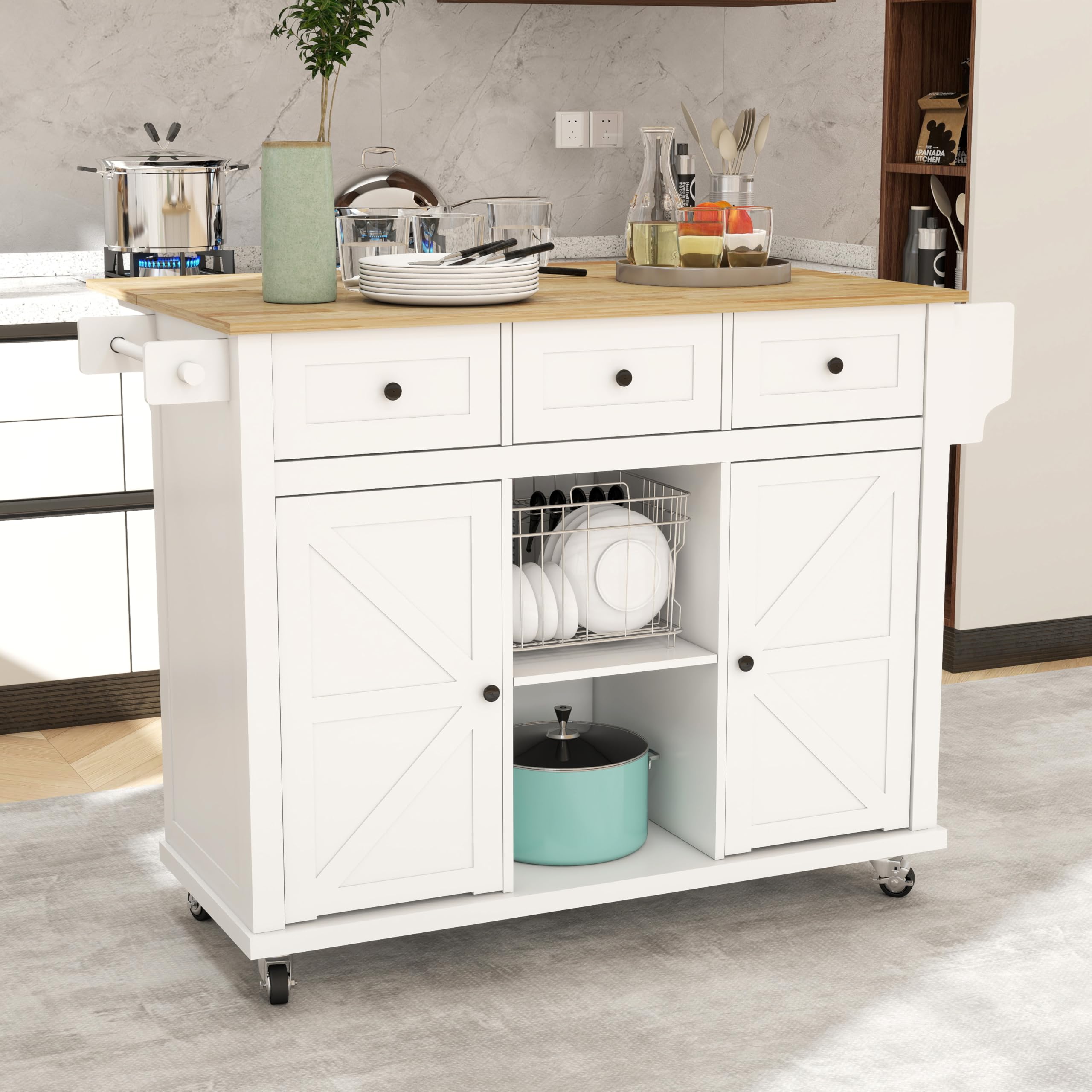 Amazon.com: FORTUNETEC Rolling Kitchen Island with Drop Leaf, Mobile ...