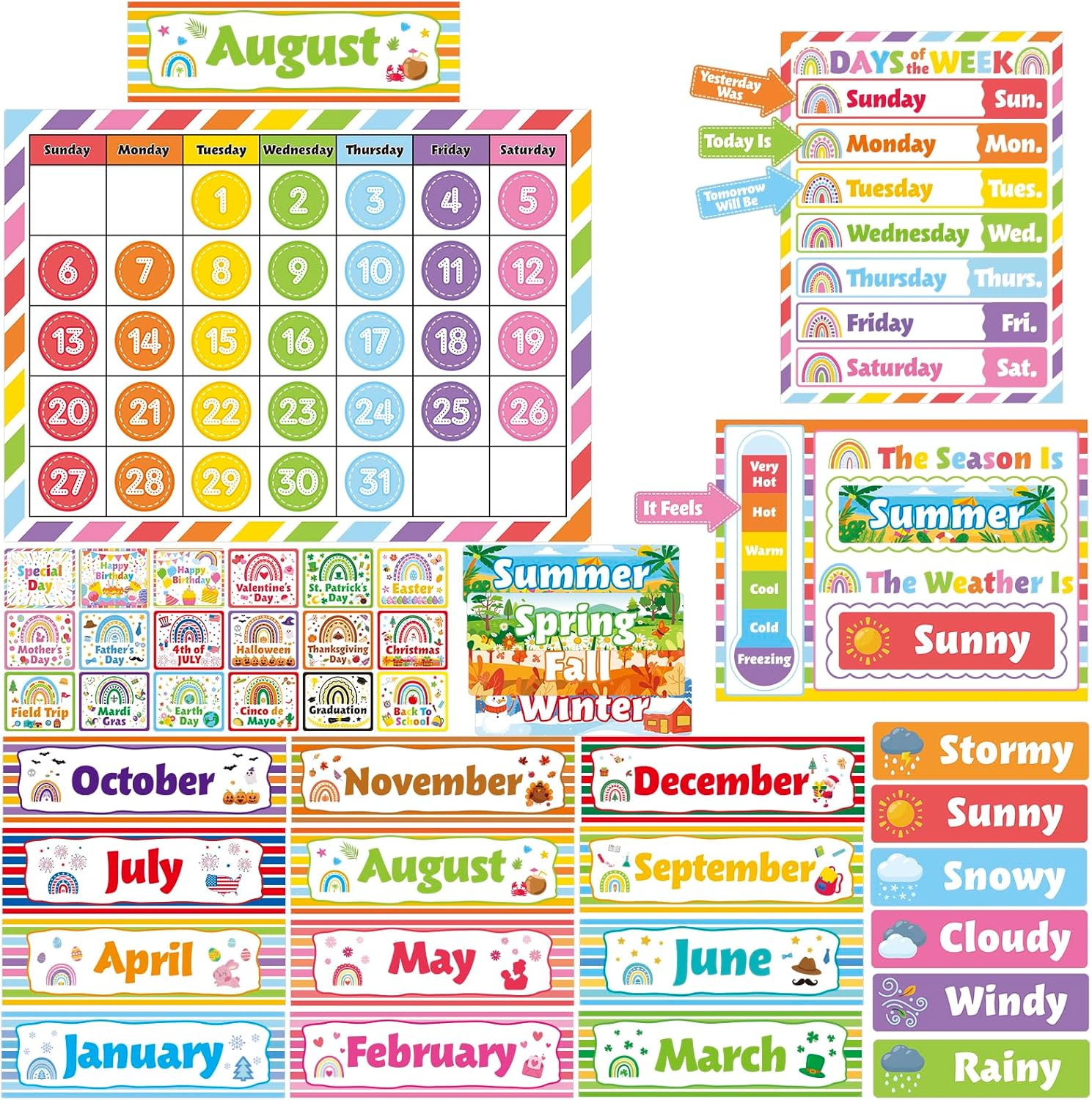 Amazon.com : Colorful Classroom Calendar Bulletin Board Set Rainbow ...