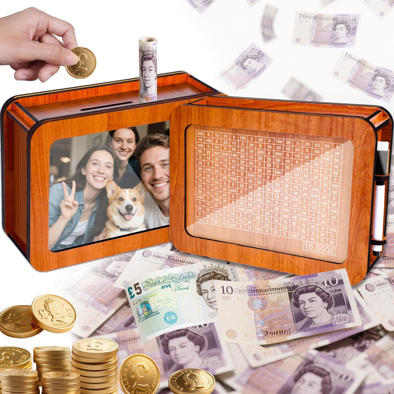 Bemaystar Money Saving Box-Wooden Money Box, 10000 Savings Challenge ...