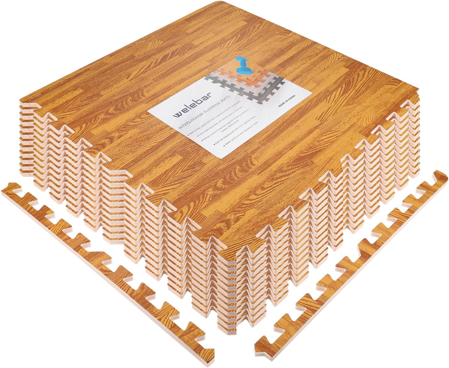 Welebar Interlocking Wood Grain Mats, 24×24×1/2 Inch EVA Foam Mats for ...
