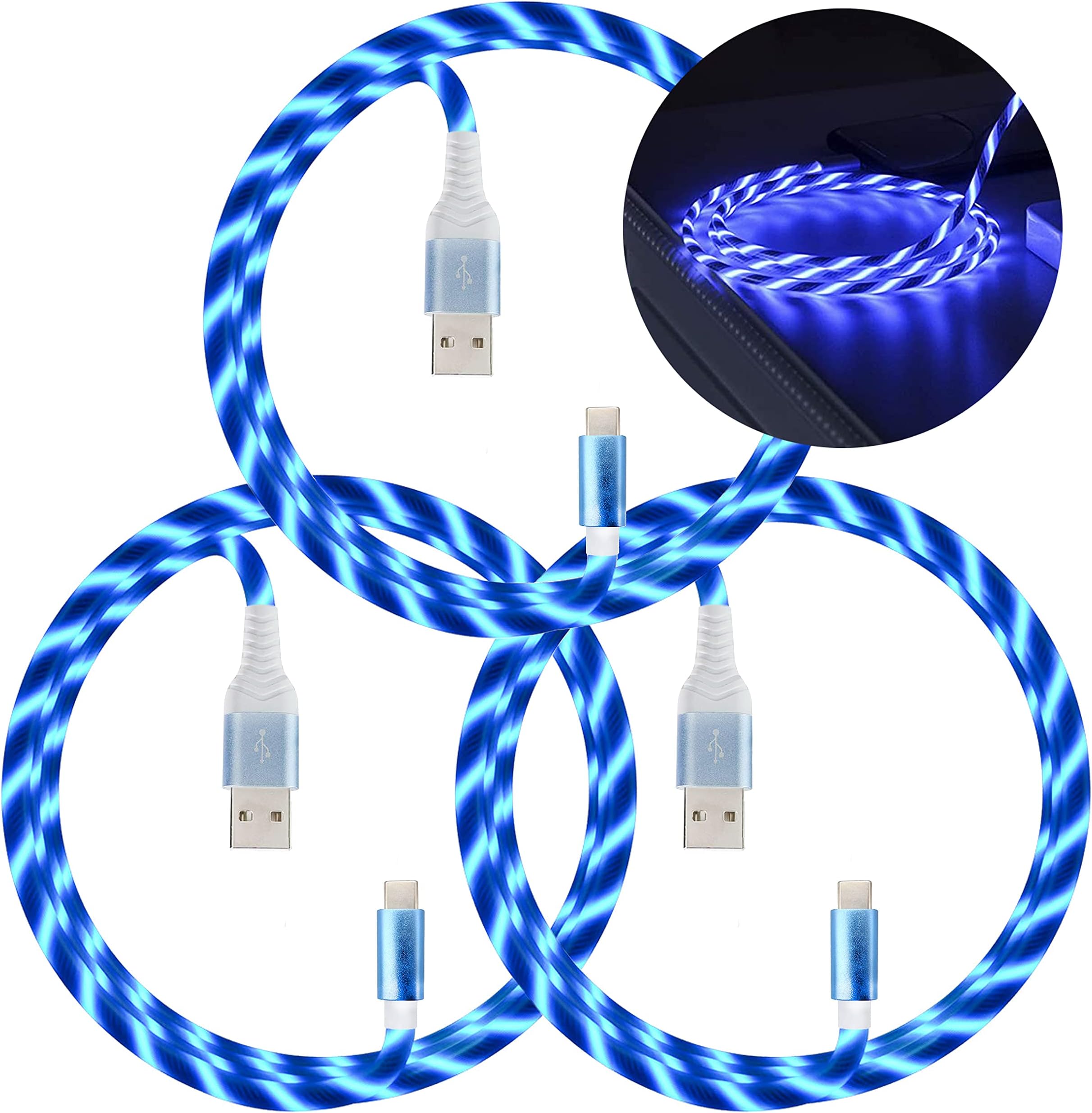 LED Type-C Phone Charging Cable Flowing Light UP USB Charger Sync Data ...