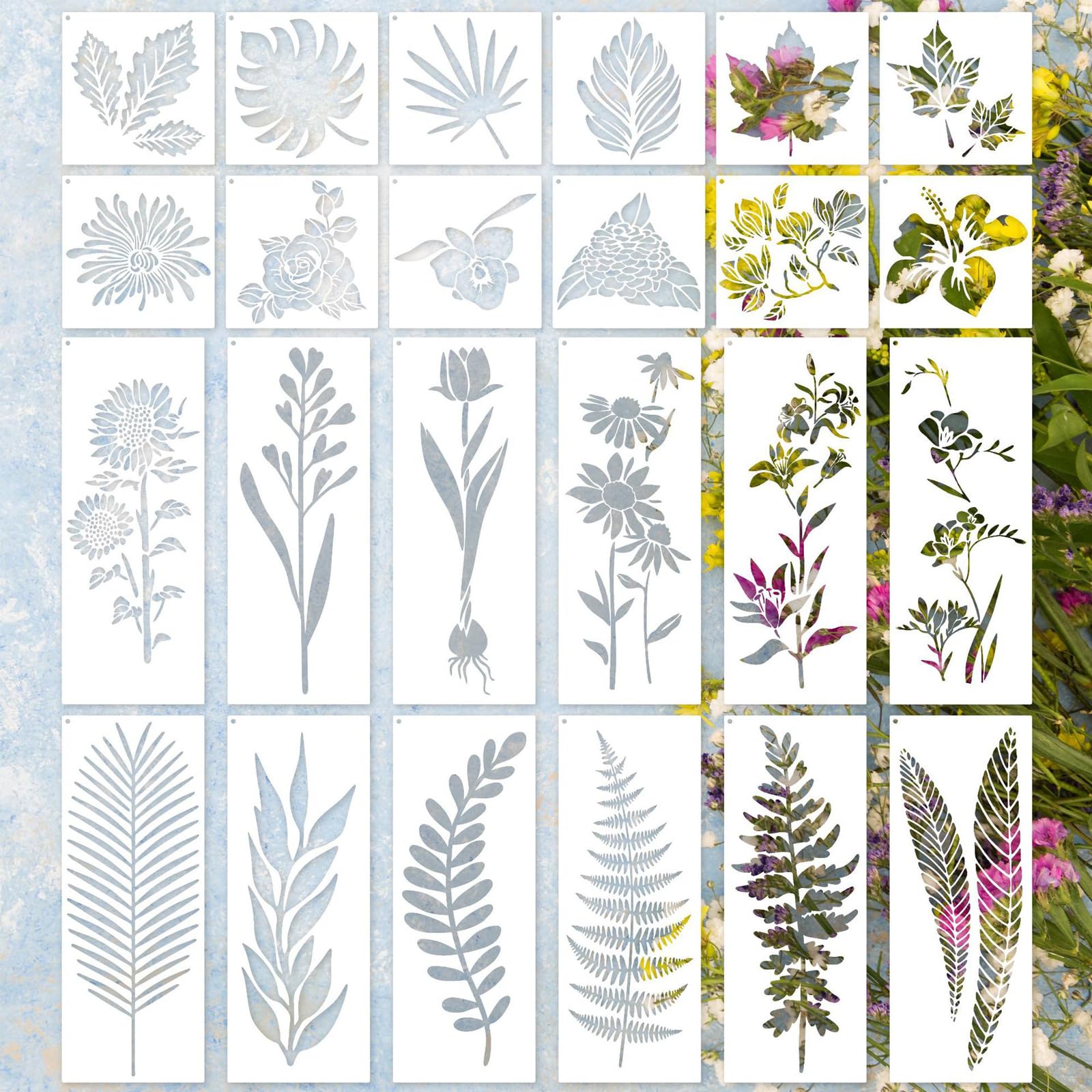 Sowiichi 24pcs/Set Flower and Leaf Painting Stencils, PET Reusable Wild ...