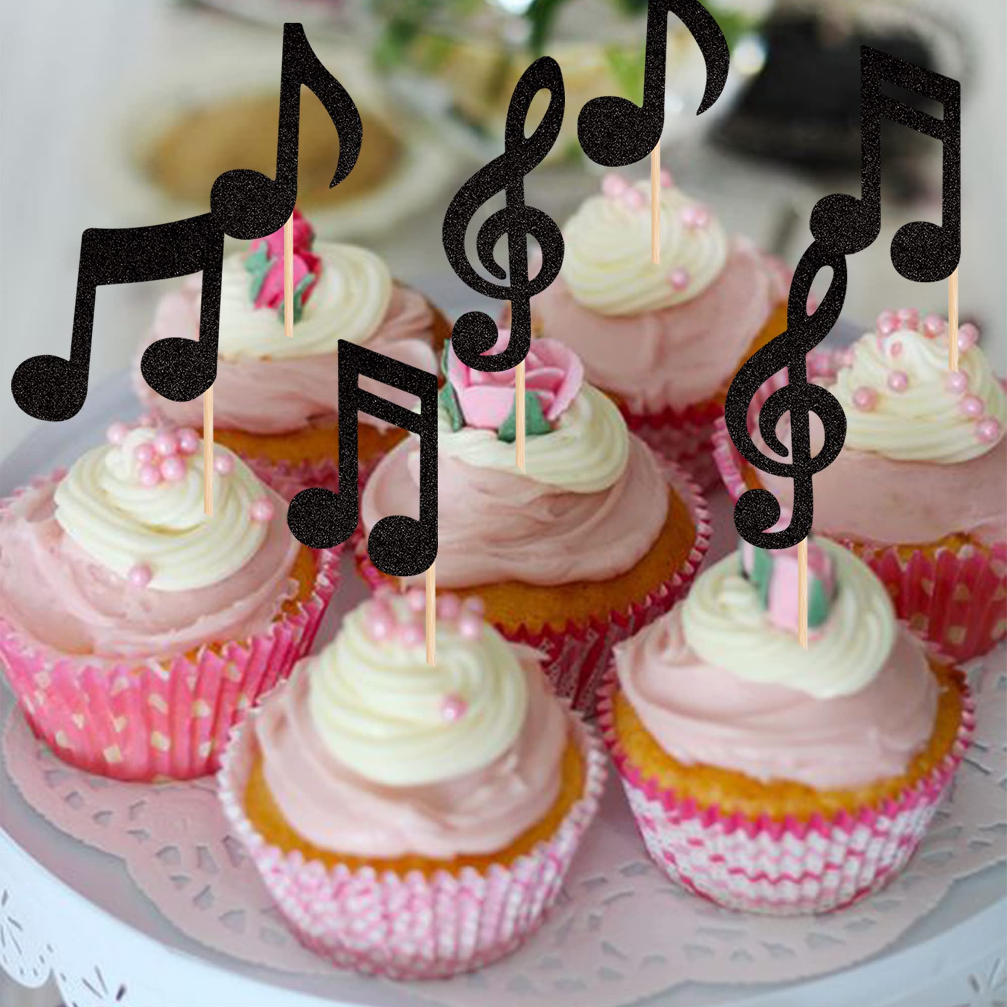 Snapklik.com : 24 PCS Music Notes Cupcake Toppers Black Glitter Musical ...