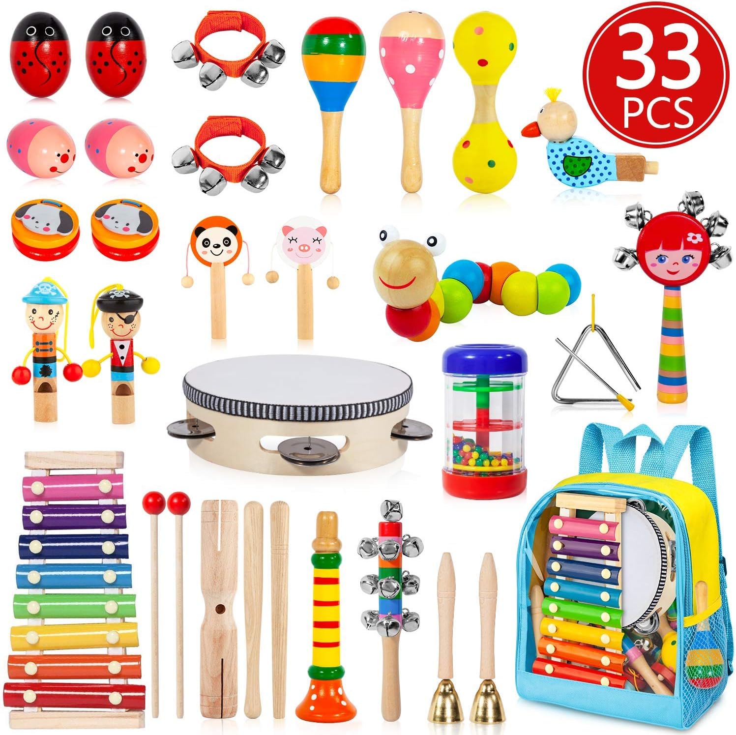 Toddler Musical Instruments, 33 PCS 19 Types Wooden Percussion ...
