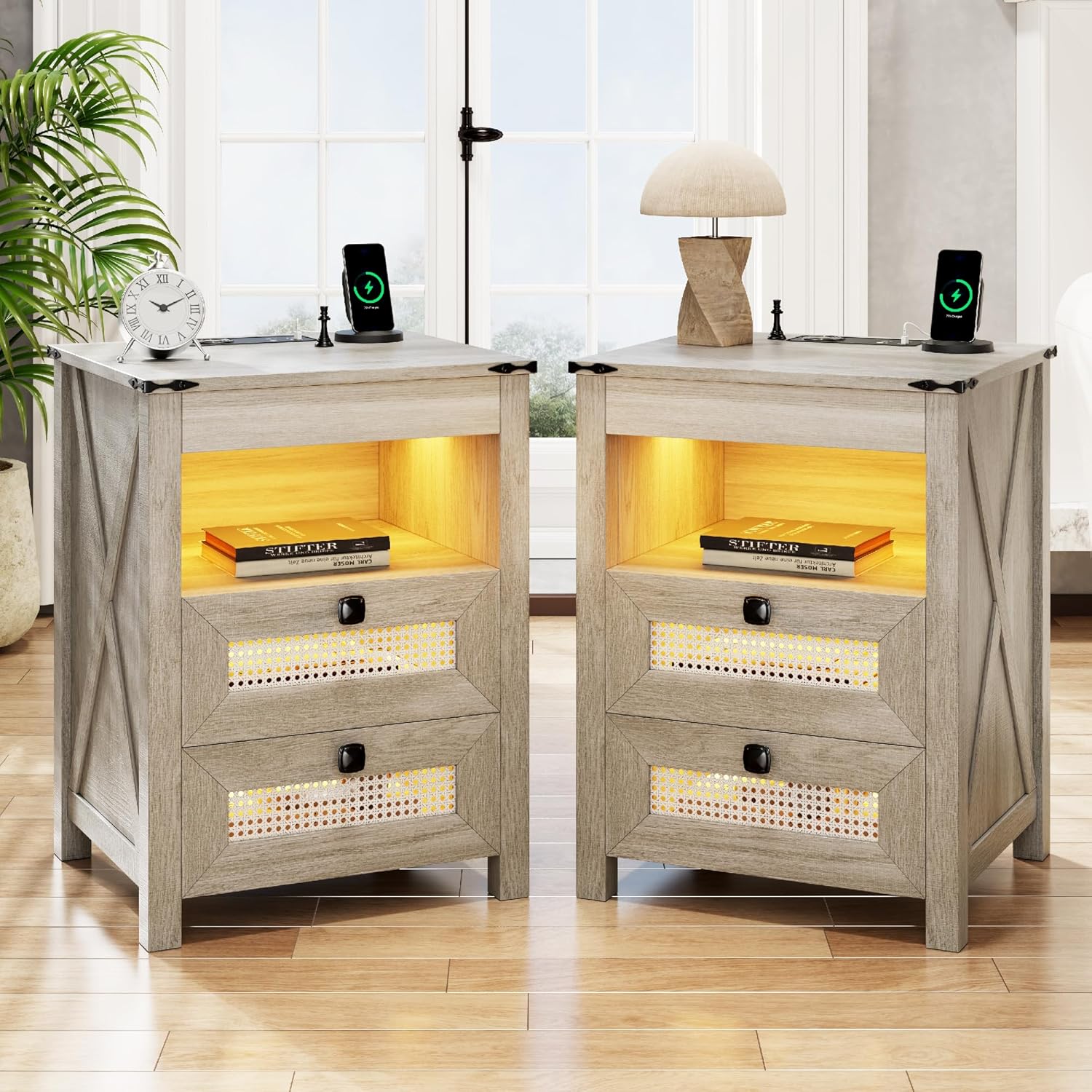 Amazon.com: ACTKISS Grey Night Stand Set 2 with Gun Drawer, Bedside ...