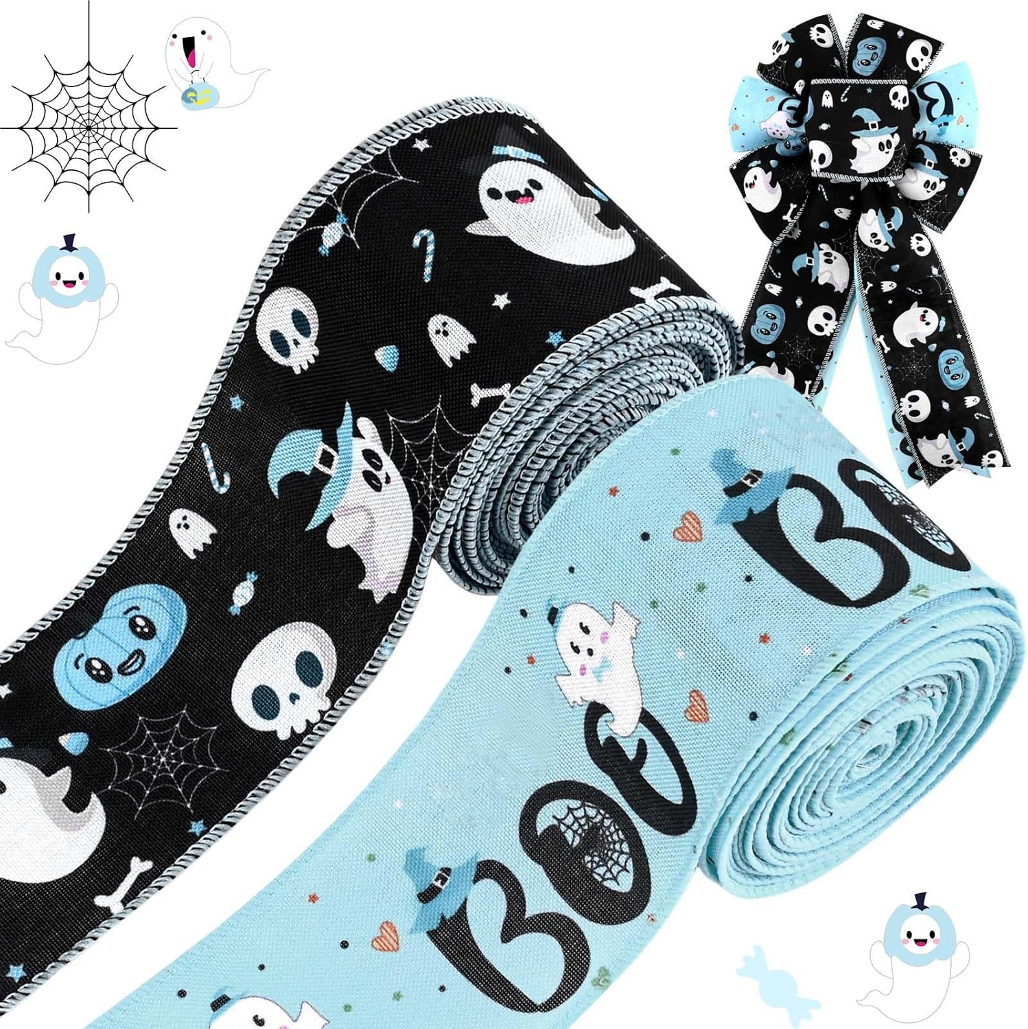 Amazon.com: 2 Rolls 20 Yards Blue Boo Ghost Pumpkin Wired Edge Ribbon ...
