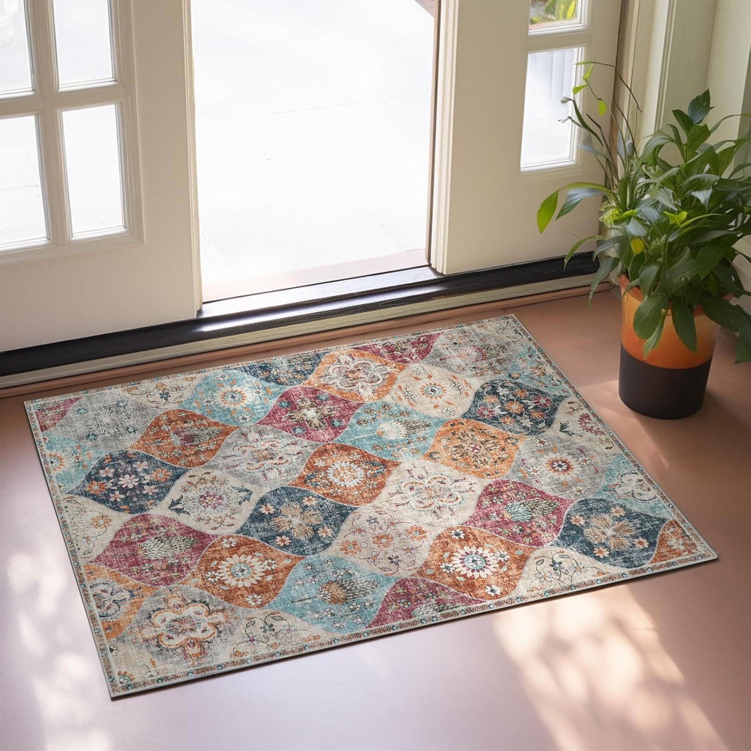 Xfrog Moroccan Floral Area Rug, 60x110cm Entryway Rug Non-Slip Washable ...