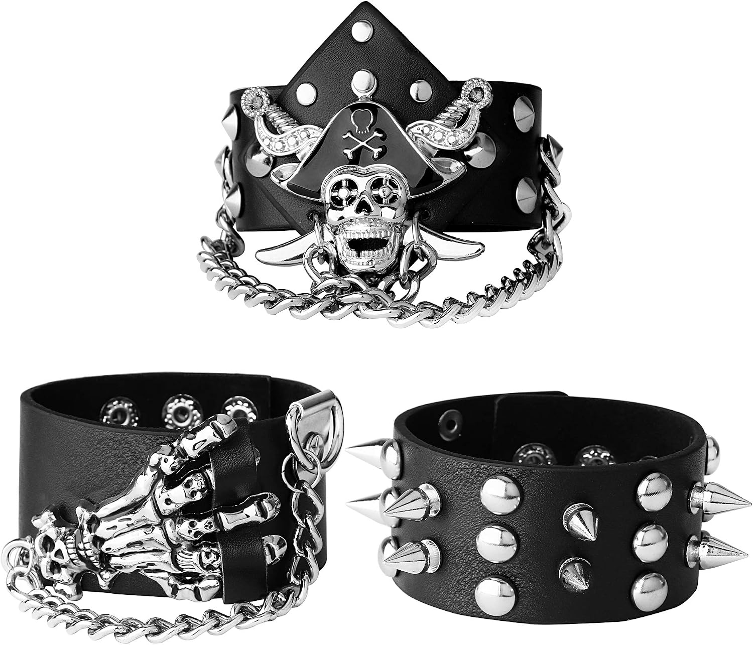 Amazon.com: Finrezio 3 PCS Black Leather Punk Rock Bracelets Set for ...