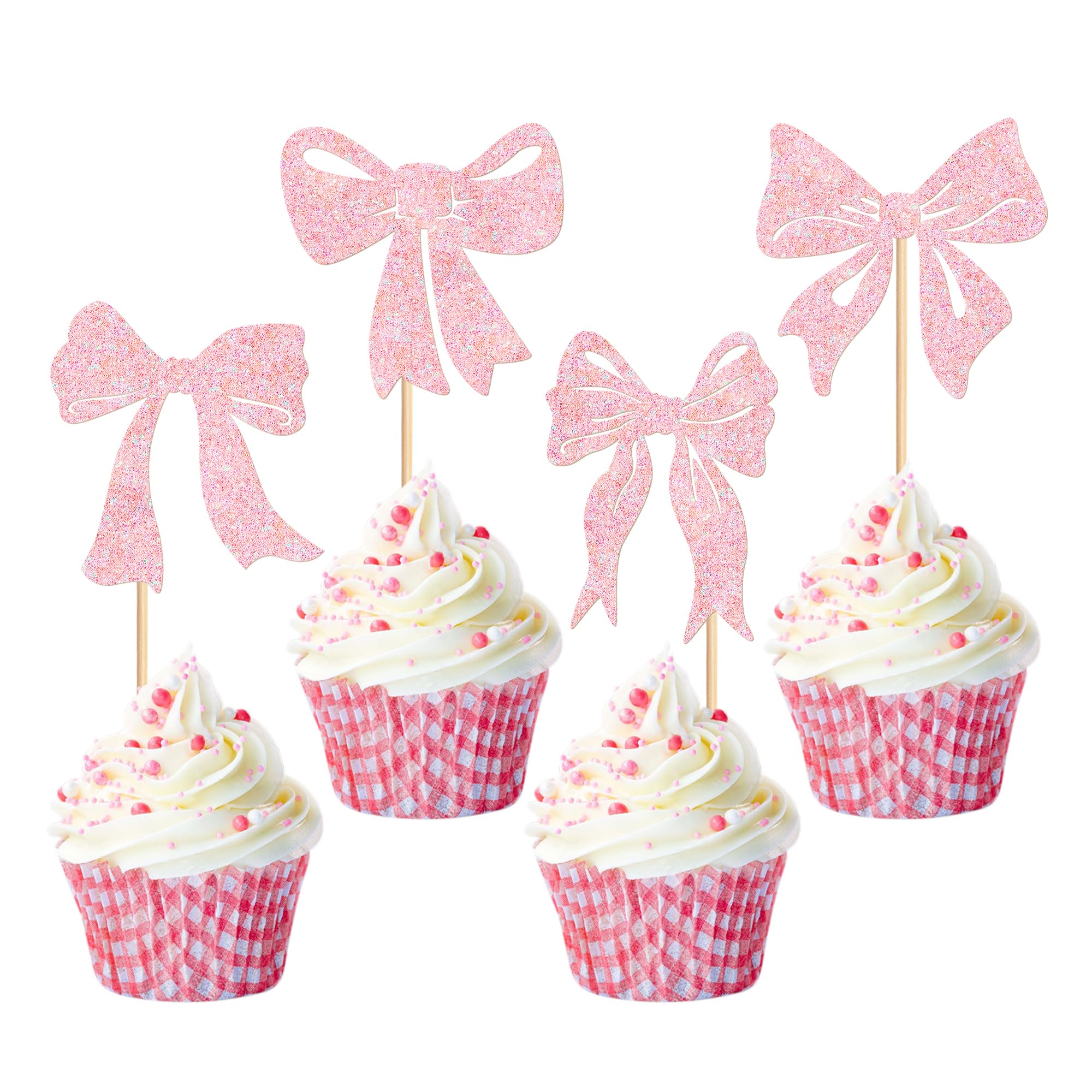 Amazon.com: Cyodoos 24pcs Pink Bowknot Cupcake Toppers Cake Dessert ...