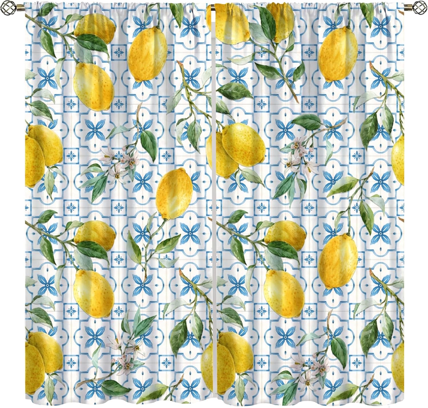 Amazon.com: Yoakiet Blue Tile Lemon Curtains,Boho Hand Painted ...