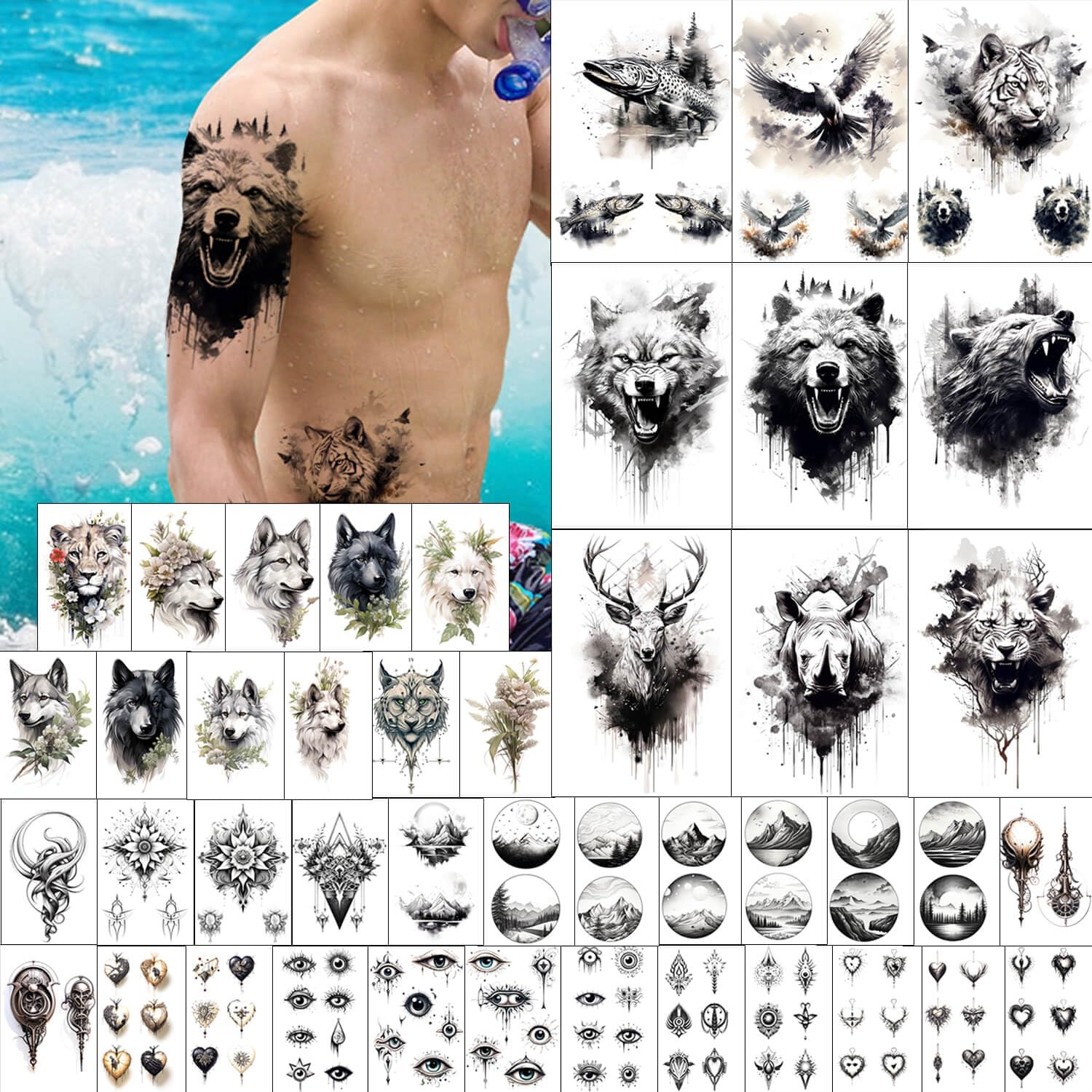 GLARYYEARS Temporary Tattoo for Men, 44-Pack Large+Small size Realistic ...