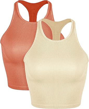Amazon.com: ODODOS Women's 2 Pack Seamless Tank Tops Racerback Ribbed Sleeveless Crop Top, Coral ...