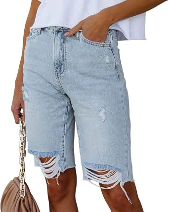 Women's Stretch Denim Shorts Calf Shorts Mid-Waist Shorts Ripped Jeans ...