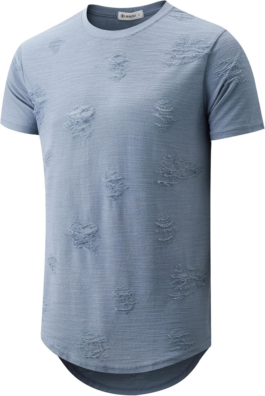 Amazon.com: KLIEGOU Mens Hipster Hip Hop Ripped Round Hemline Hole T ...