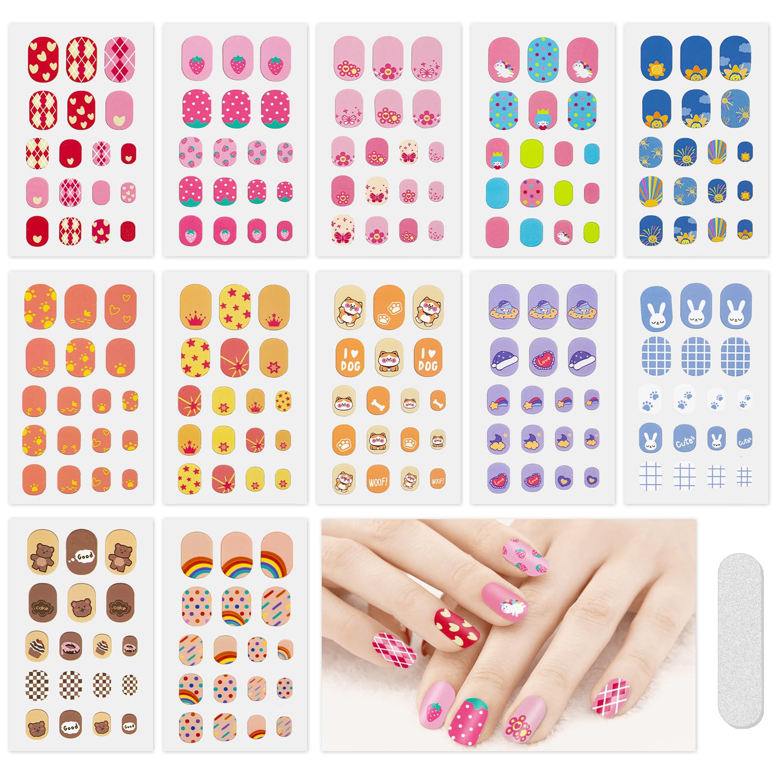 JSRQT 12 Sheets Colorful Nail Stickers, Cute Cartoon Full Wrap Nail Art ...