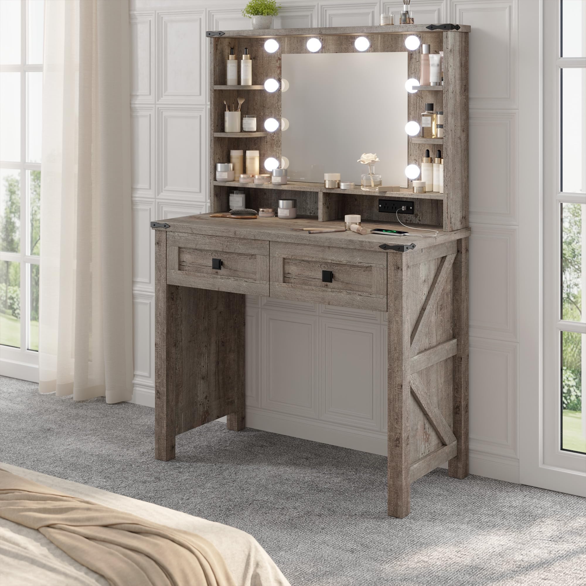 Amazon.com: JXQTLINGMU Farmhouse Makeup Vanity Desk with Mirror and ...