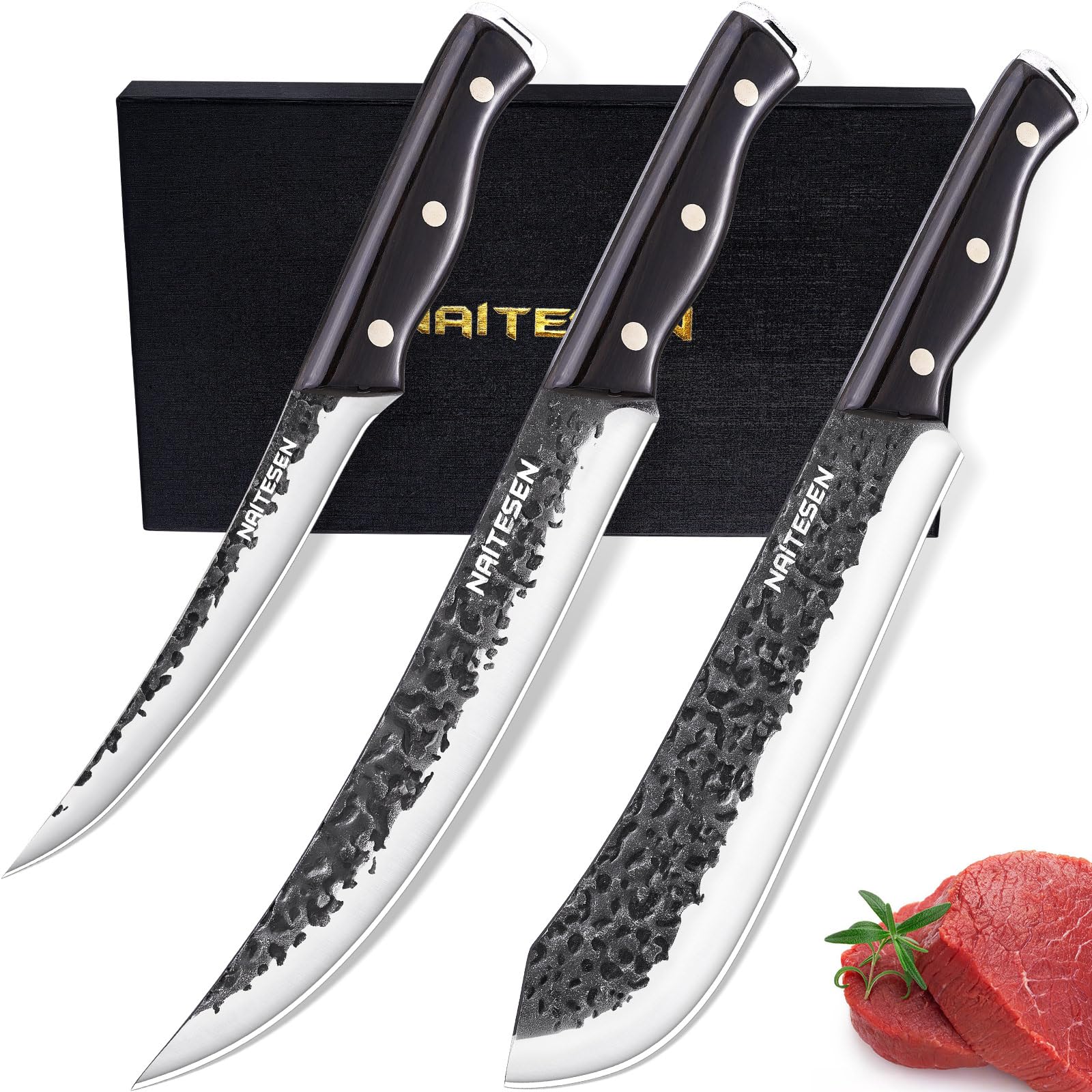 Naitesen Professional Butcher Knife Set 3, Bullnose Meat Cleaver ...