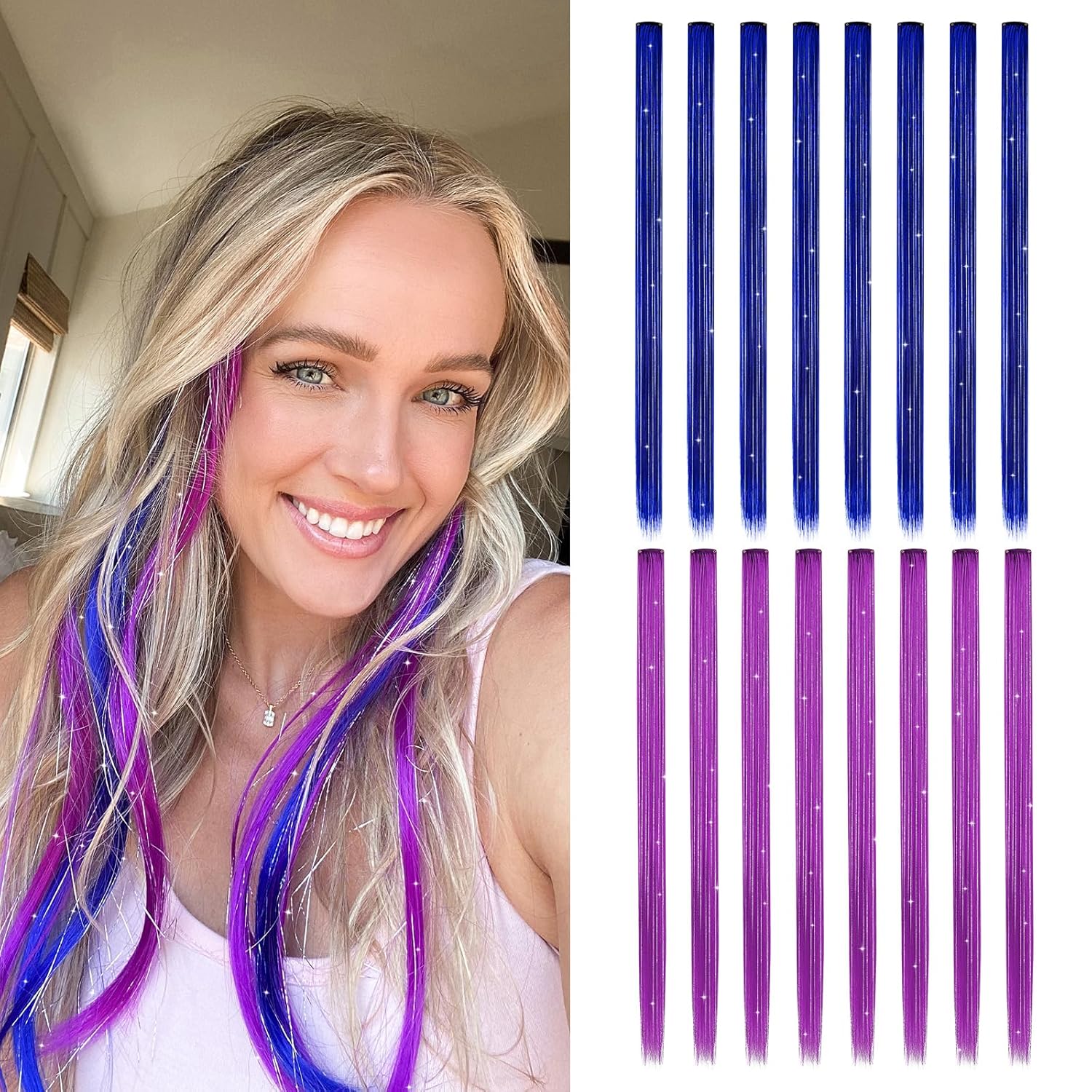 Amazon.com : Z-CHARMMY Colored Hair Extensions with Tinsels, Clip in ...