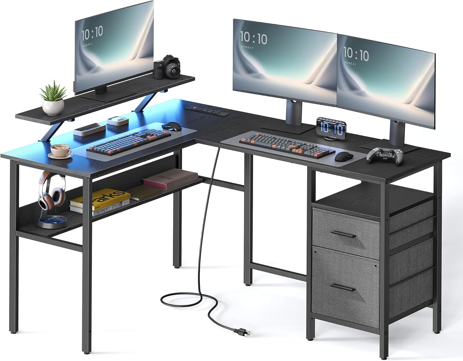 Amazon.com: VASAGLE L-Shaped Desk with Power Outlets, Computer Desk ...