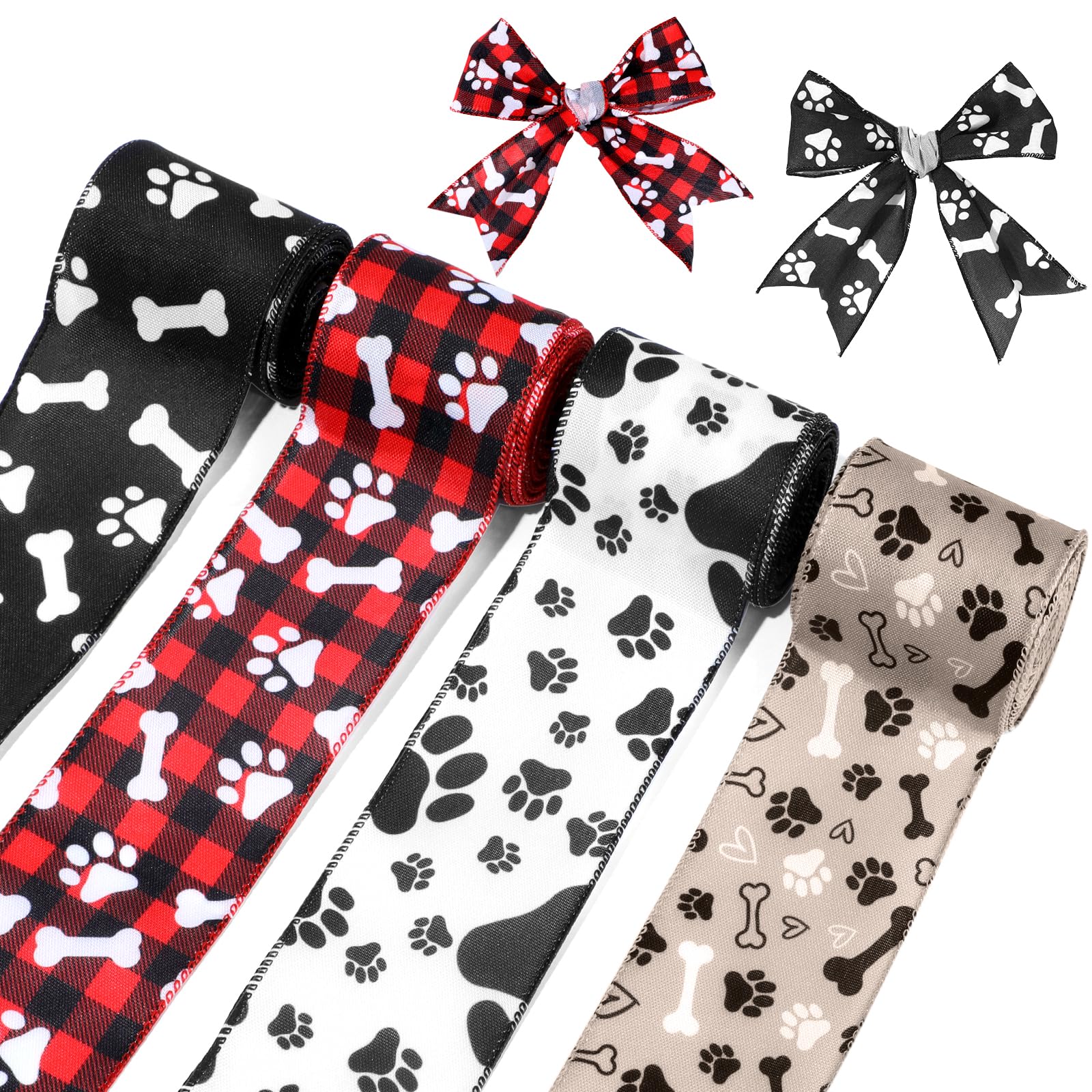 Amazon.com: 4 Rolls Paw Print Ribbon, 2.4 Inch x 20 Yard Red White ...