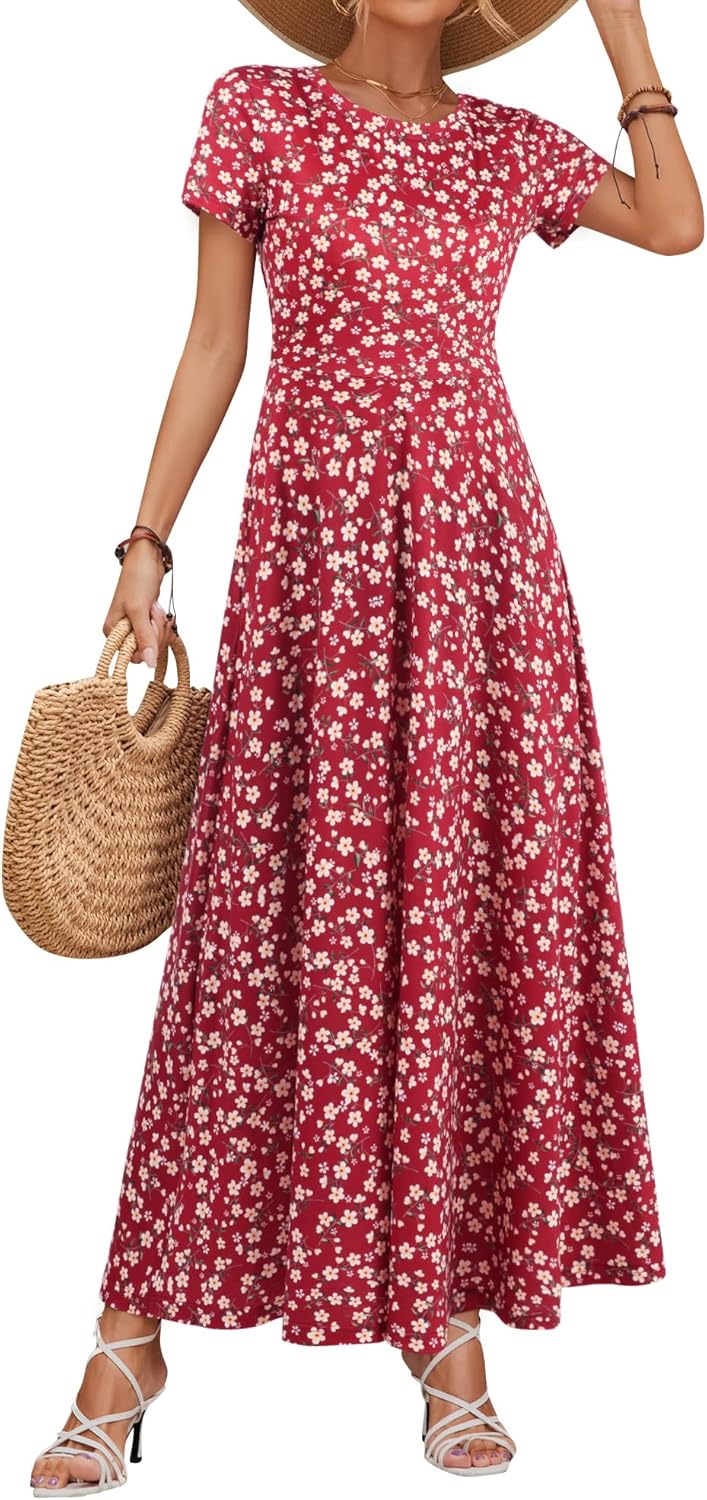 ZABERRY Women's 2024 Short Sleeve Round Neck Casual Summer Flowy Maxi ...