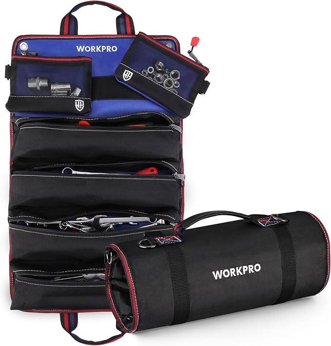 Amazon.co.jp: WORKPRO ツールバッグ ツールロールバッグ 工具バッグ 工具いれ 工具袋 道具袋 高耐久 6つ収納ポケット 多目的 車載 家庭 大工 工具収納バッグ ブルー ...