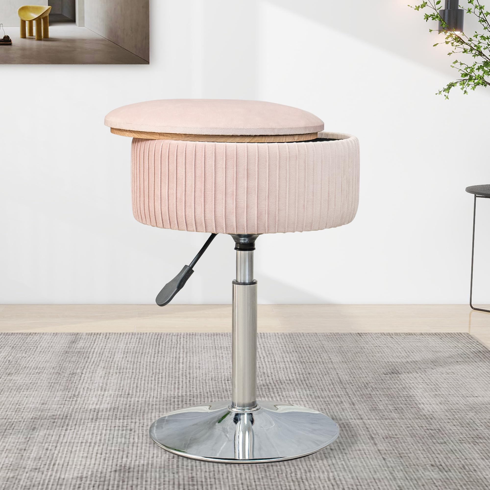 Pink Vanity Stool Velvet Vanity Chair for Makeup Room Round Storage ...