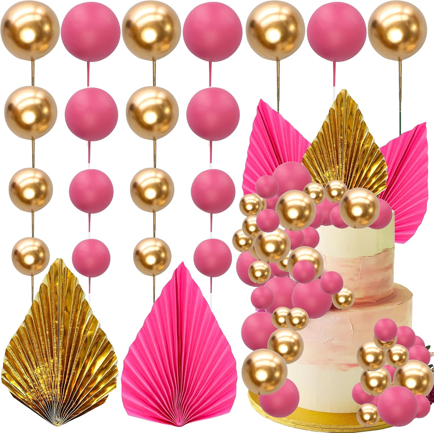 Amazon.com: Ephlyn 28Pcs Paper Palm Fan Cake Topper Balls Cake Pick ...