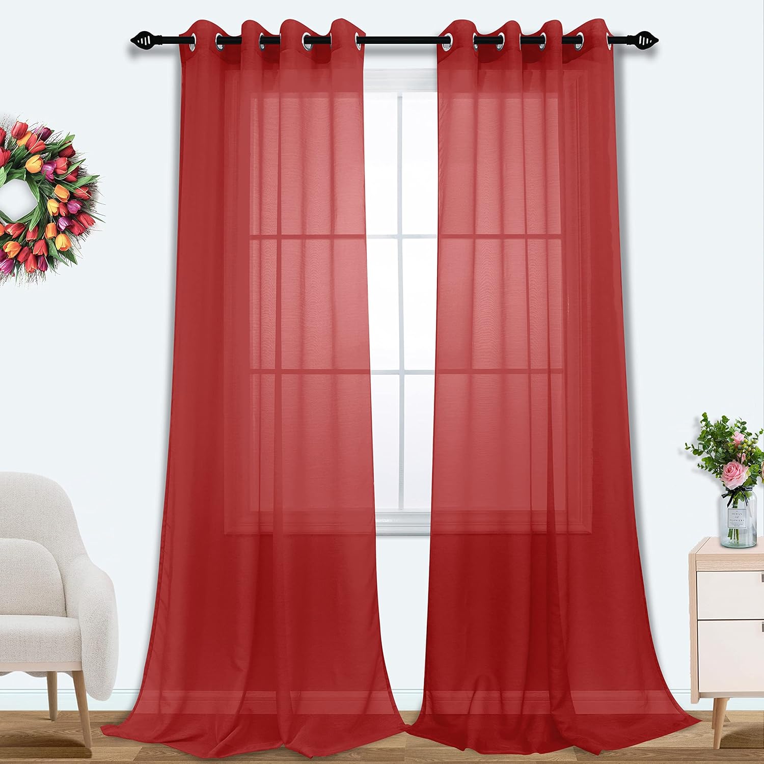 Amazon.com: Red Sheer Curtains 108 Inches Long for Bedroom 2 Panels ...
