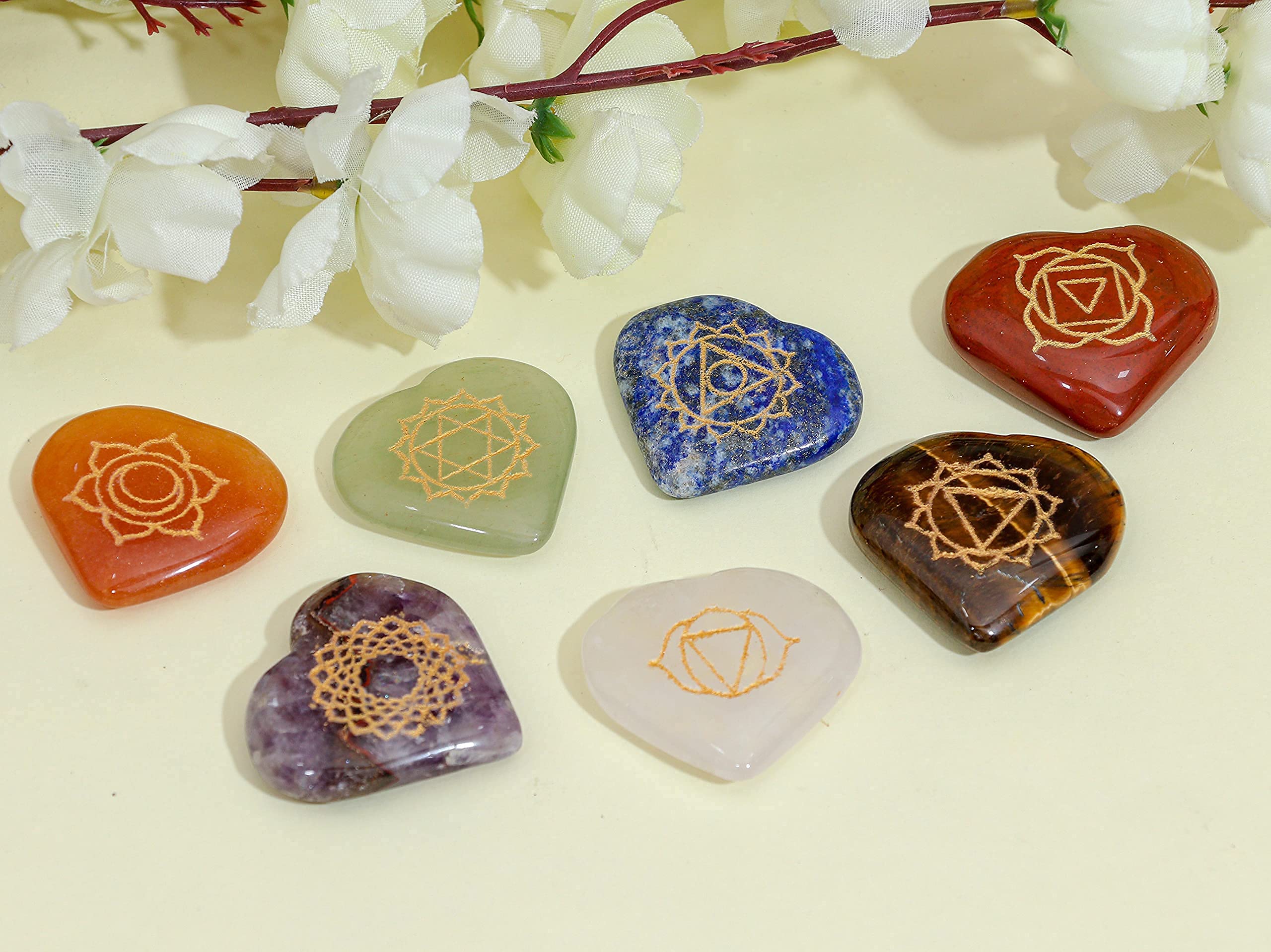 Buy Crocon 7 Chakra Heart Stones Set with Engraved Chakra Reiki Symbols ...