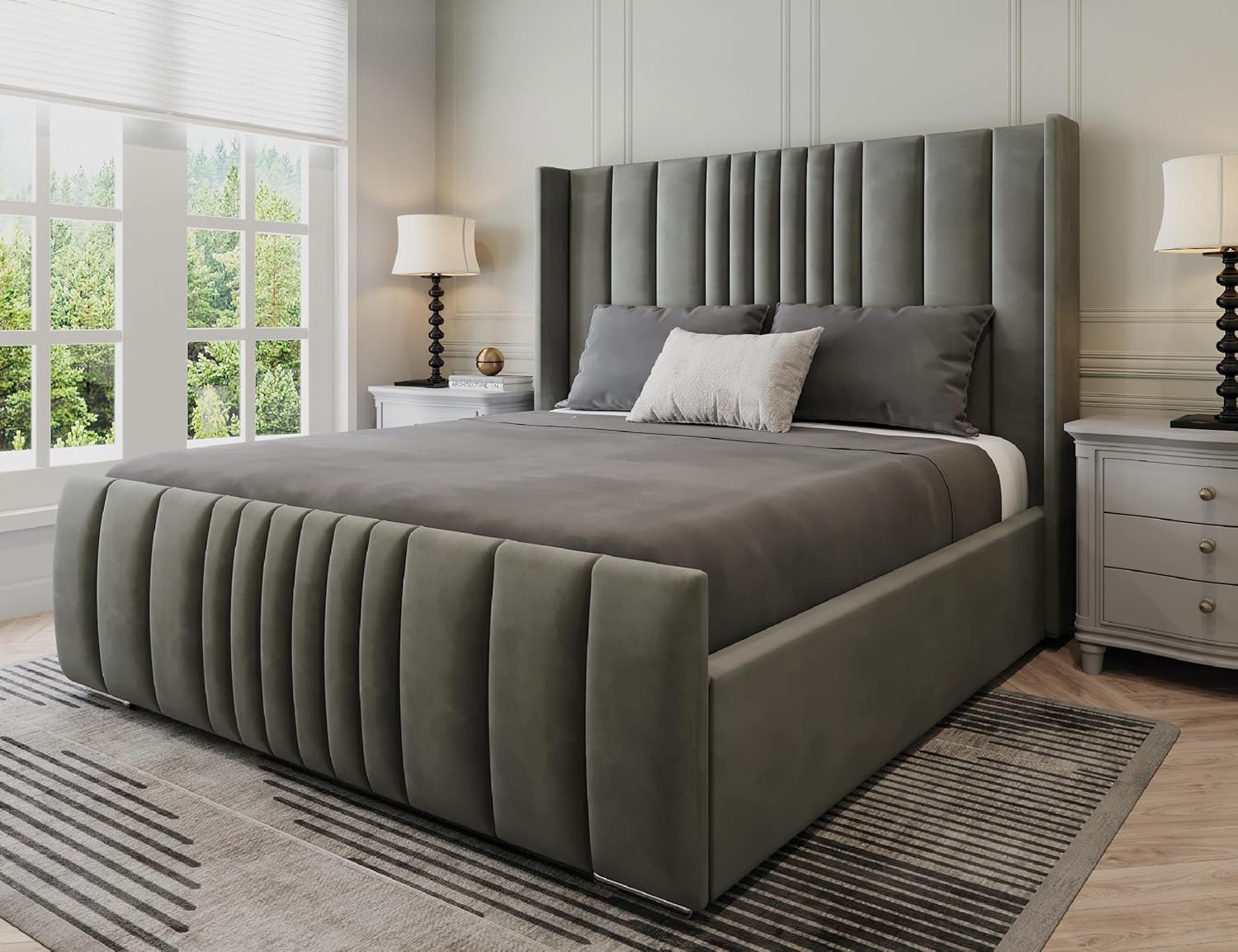 Furnishion Manhattan Double Bed Frame 4ft6, Modern Plush Velvet ...