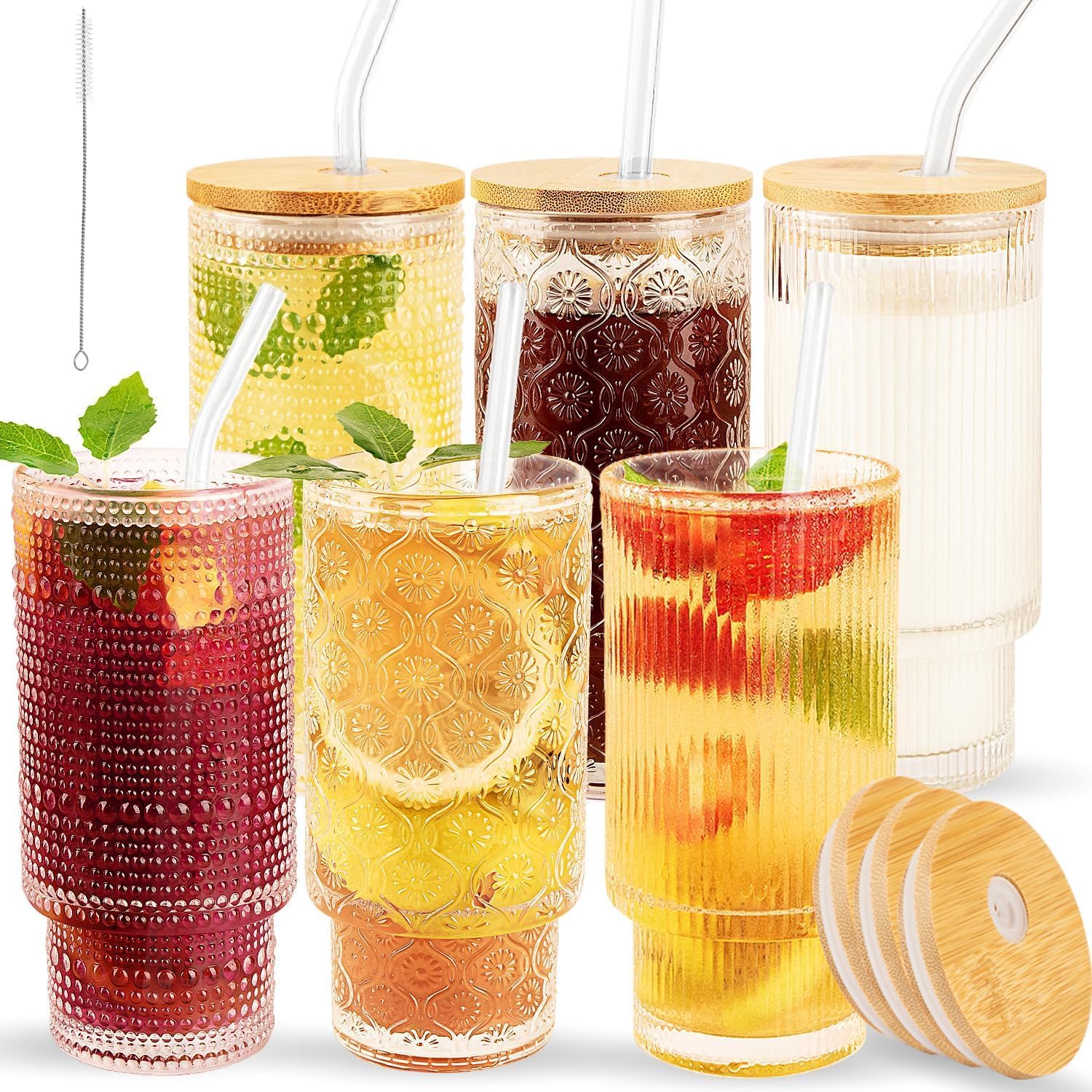 Amazon.com | SogYupk 6 Pcs Glass Cups Set with Straw/Bamboo Lid,12 oz ...
