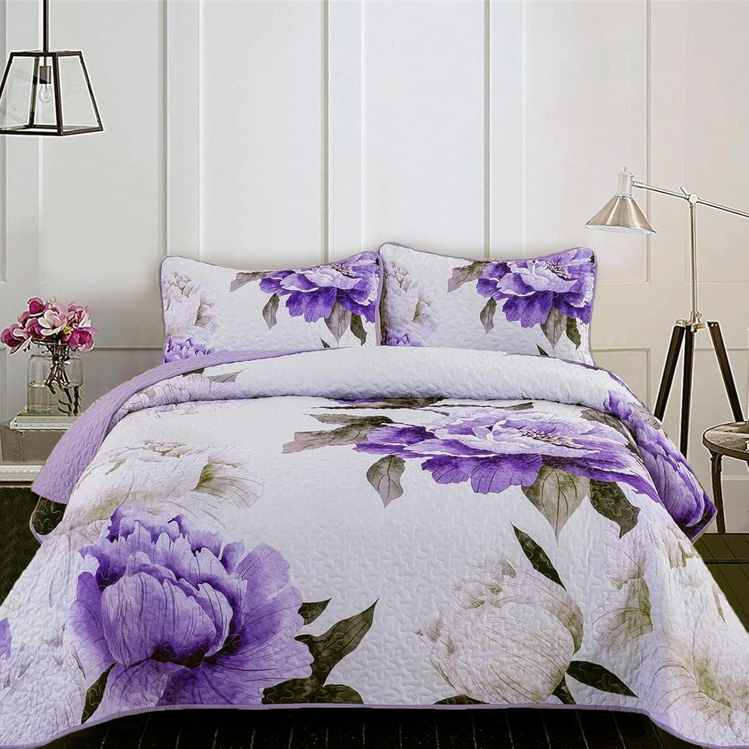 Amazon.com: Mybedsoul Floral Queen Quilt Set 3 Pieces Purple Flower ...