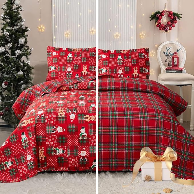 Amazon.com: Christmas Bedding Set Queen Size Quilts Reversible Xmas ...