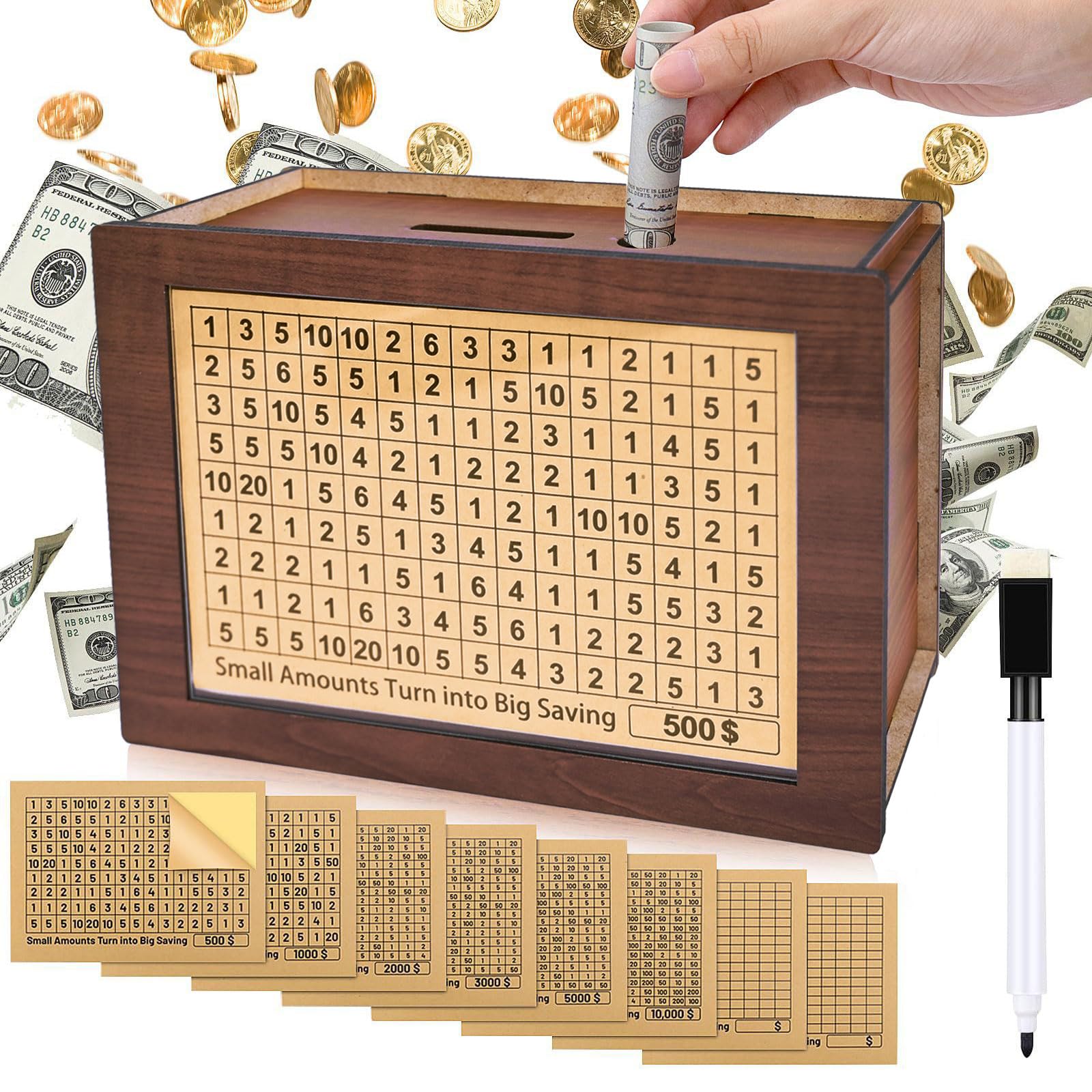 Amazon.com: KAXANPI Cash Vault Wooden Savings Box, Reusable Money Saver ...