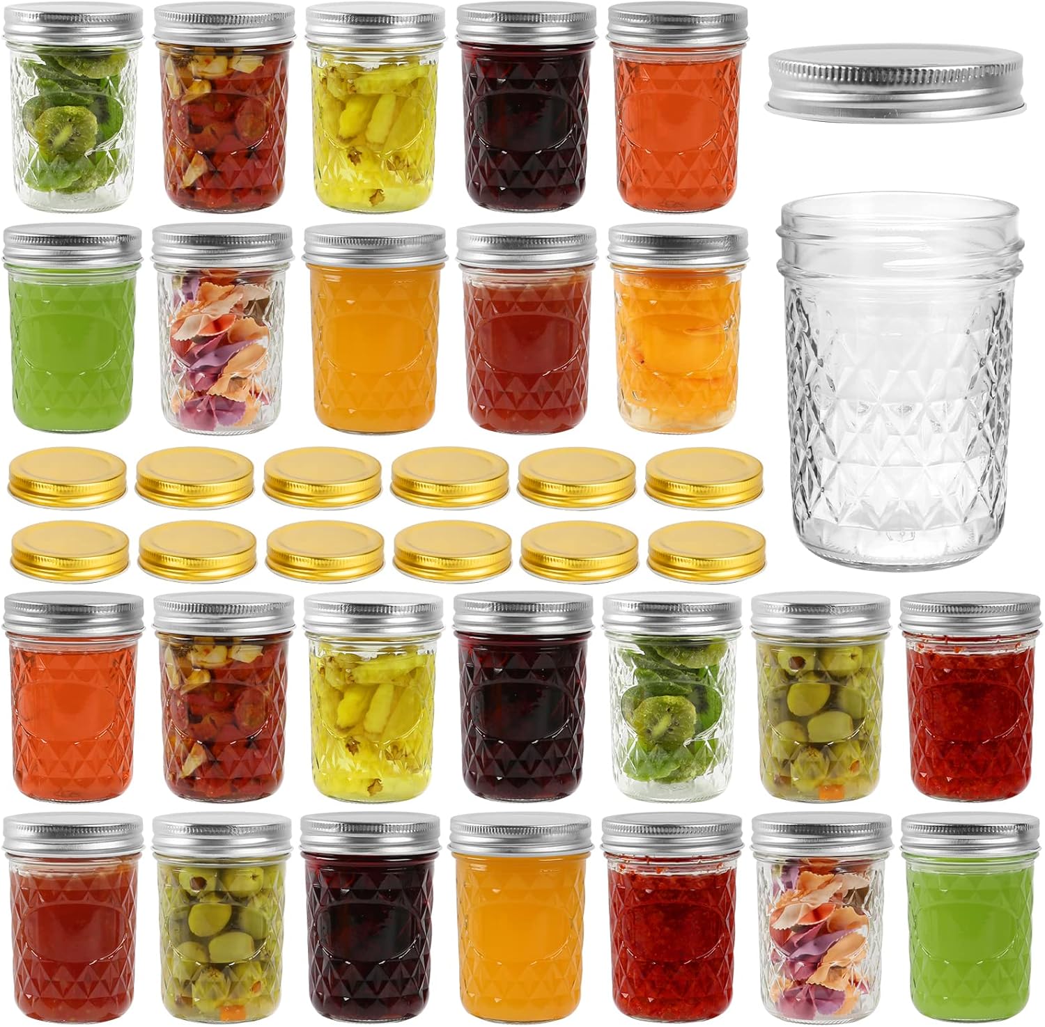 8oz mason jars with Silver Lids 24Pack and 12 Extra Gold Lids, Jaisie.W Small Mason Jars 8 oz ...