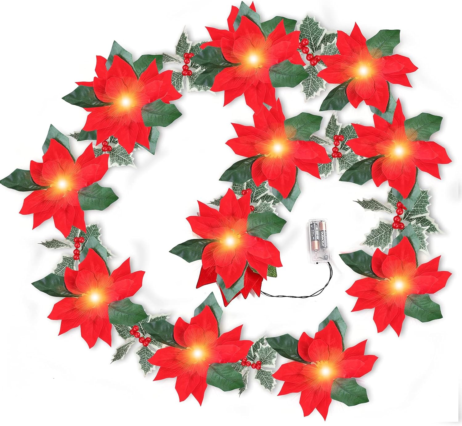 6.5FT Poinsettia Christmas Flower Garland String Lights with 10 LED ...