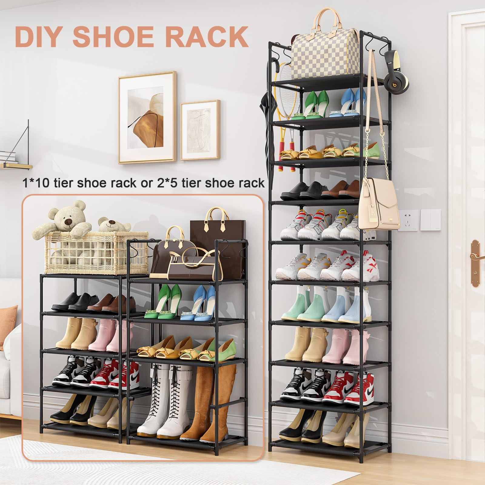 Finew 10 Tiers Tall Shoe Rack Organizer, Vertical Metal Shoe Shelf for ...