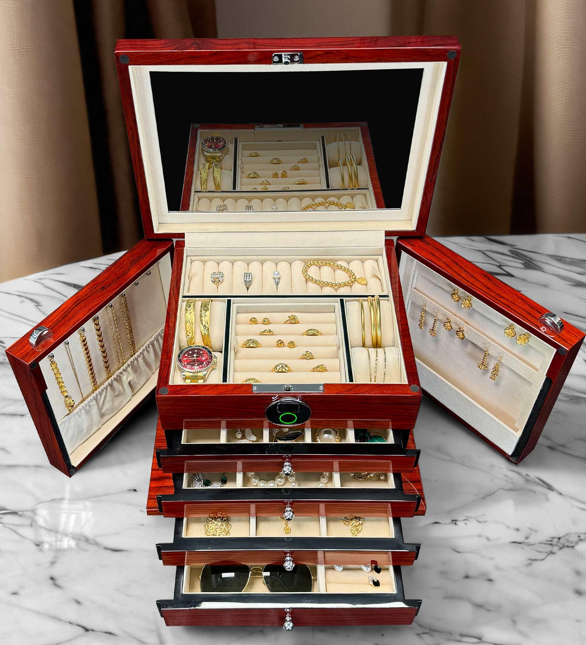 Amazon.com: SYENS Jewelry Box Wooden & Fingerprint Lock, 7-layer Large ...