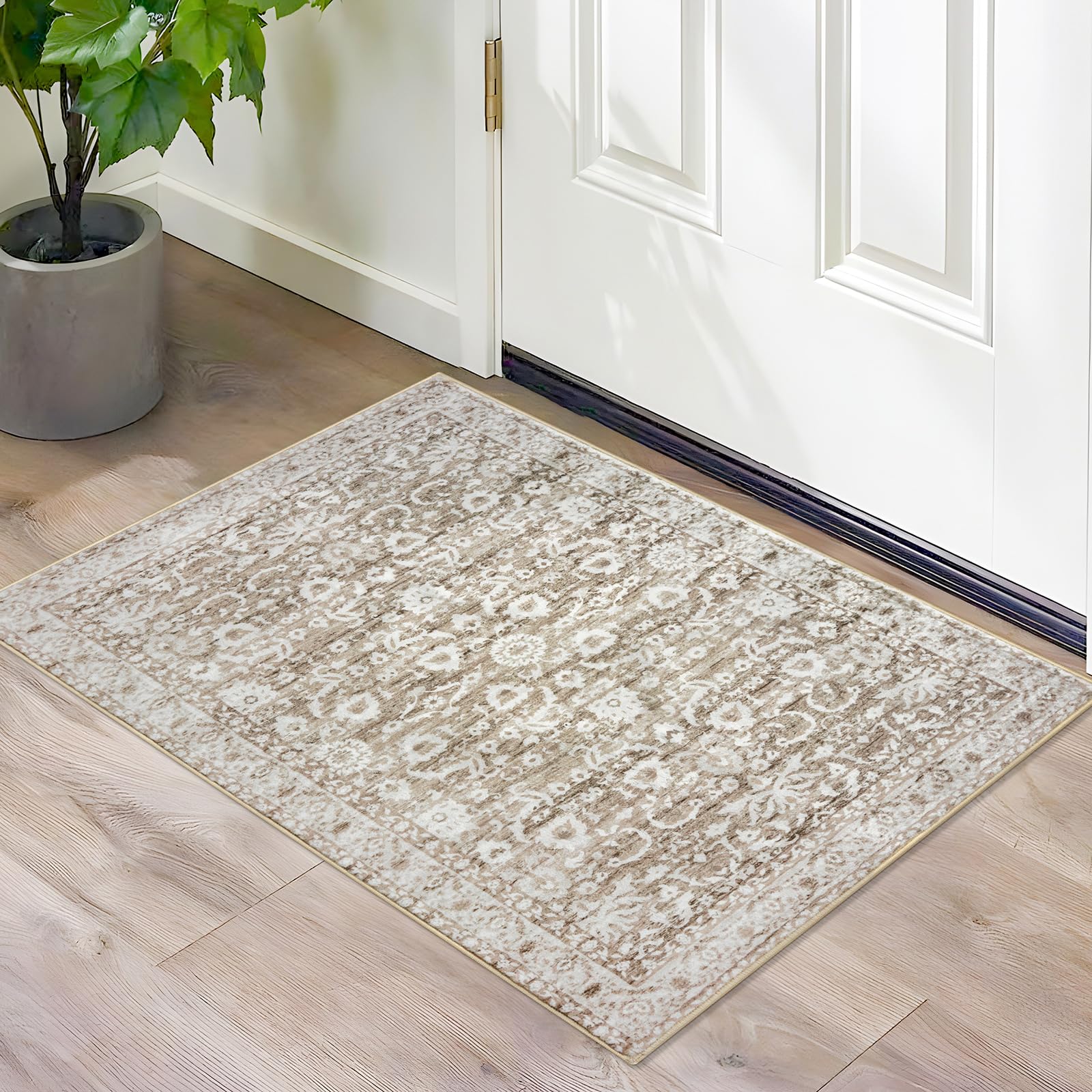 Vintage Entryway Rug Indoor 2x3 Washable Rug, Beige Tan Small Area Rug ...